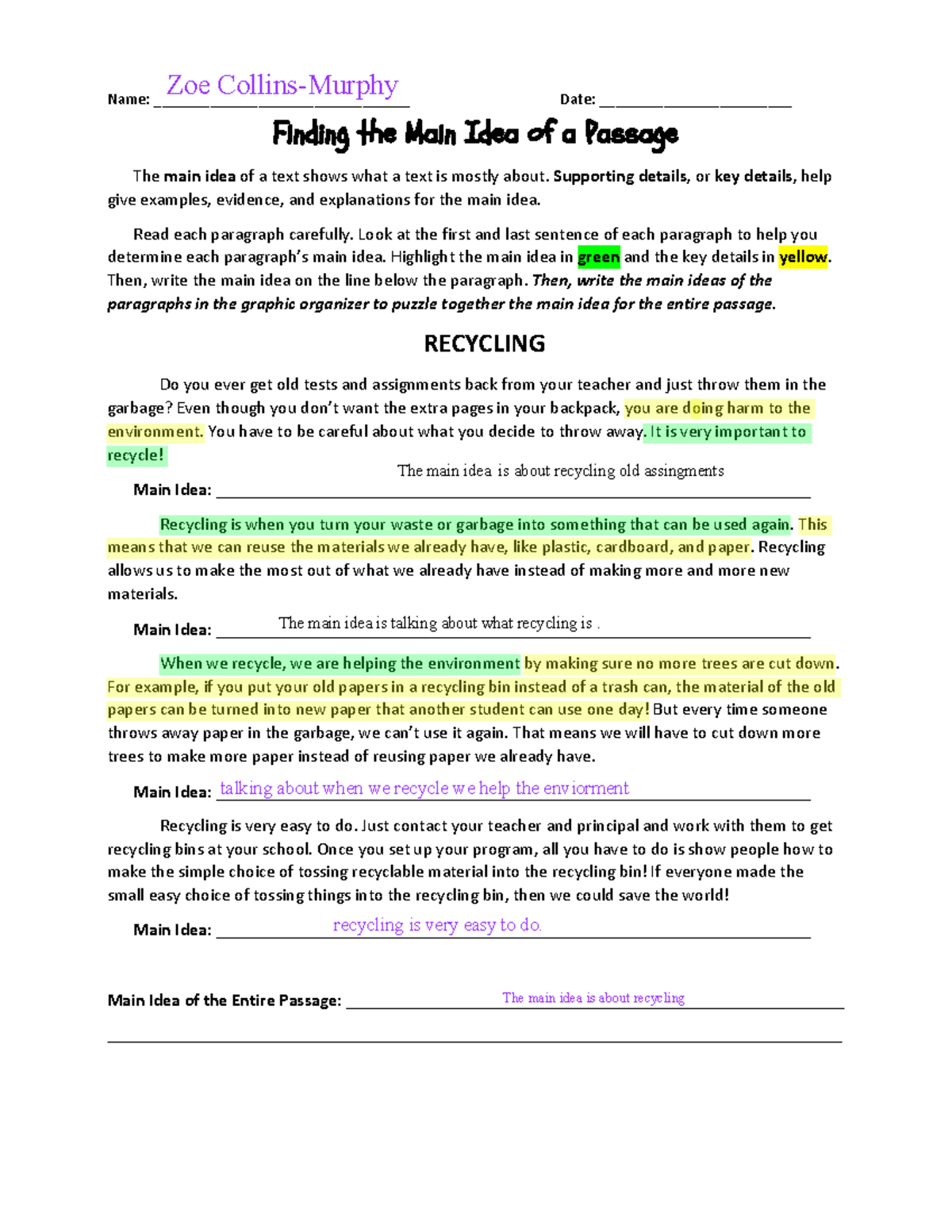 Zoe Collins-Murphy - Finding the Main Idea of a Passage - Name