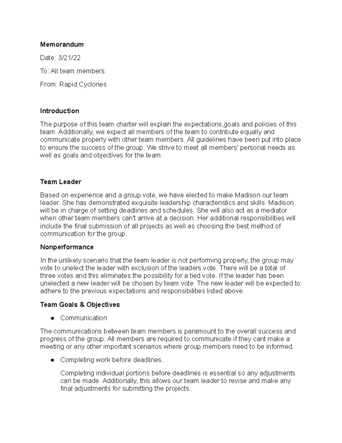 Team Charter: Expectations Goals and Policies - Studocu