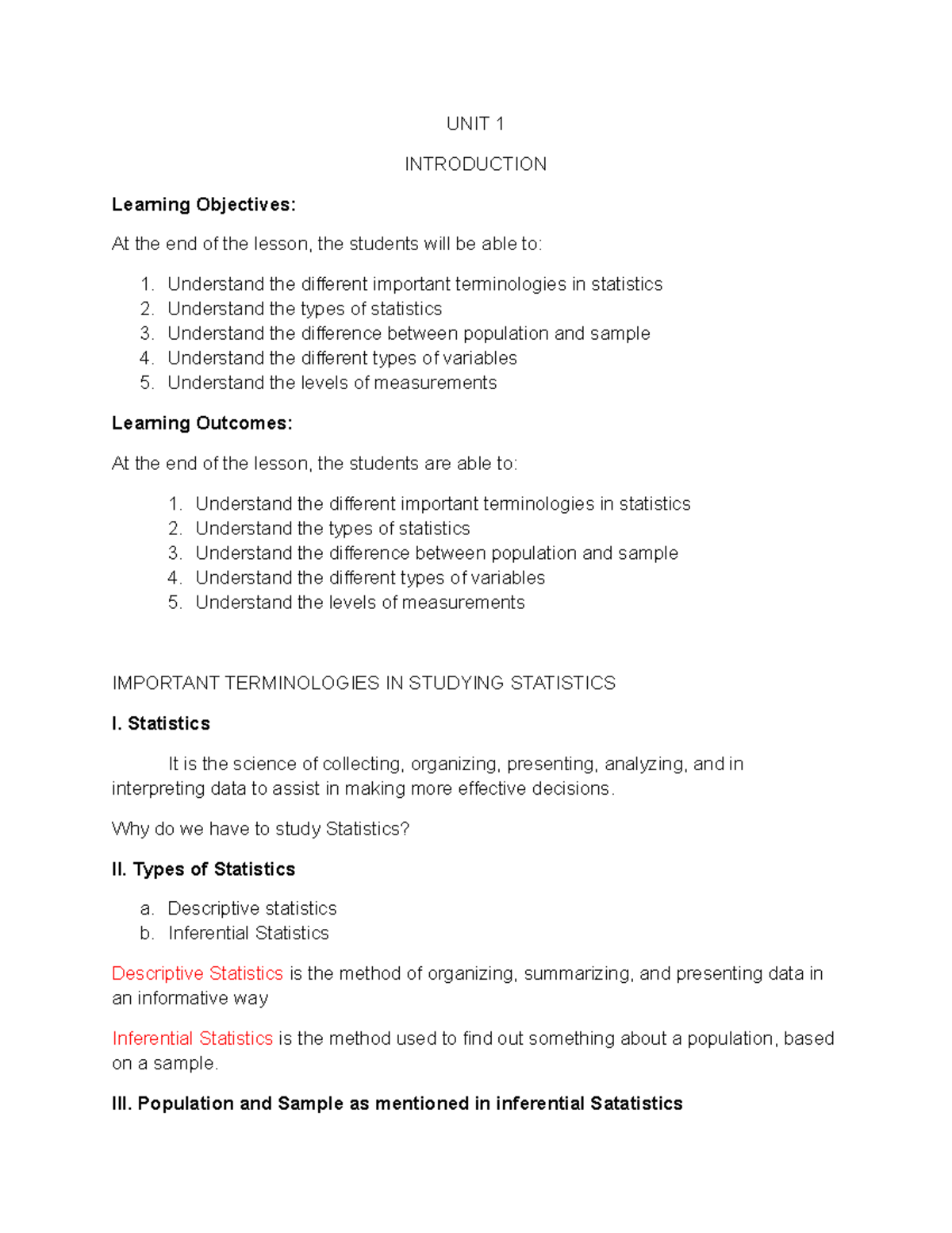1 - Statistics Terminologies - UNIT 1 INTRODUCTION Learning Objectives ...