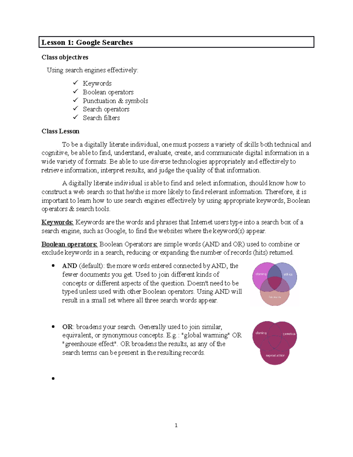 Lesson 1 Searches - Lesson 1: Google Searches Class objectives Using ...