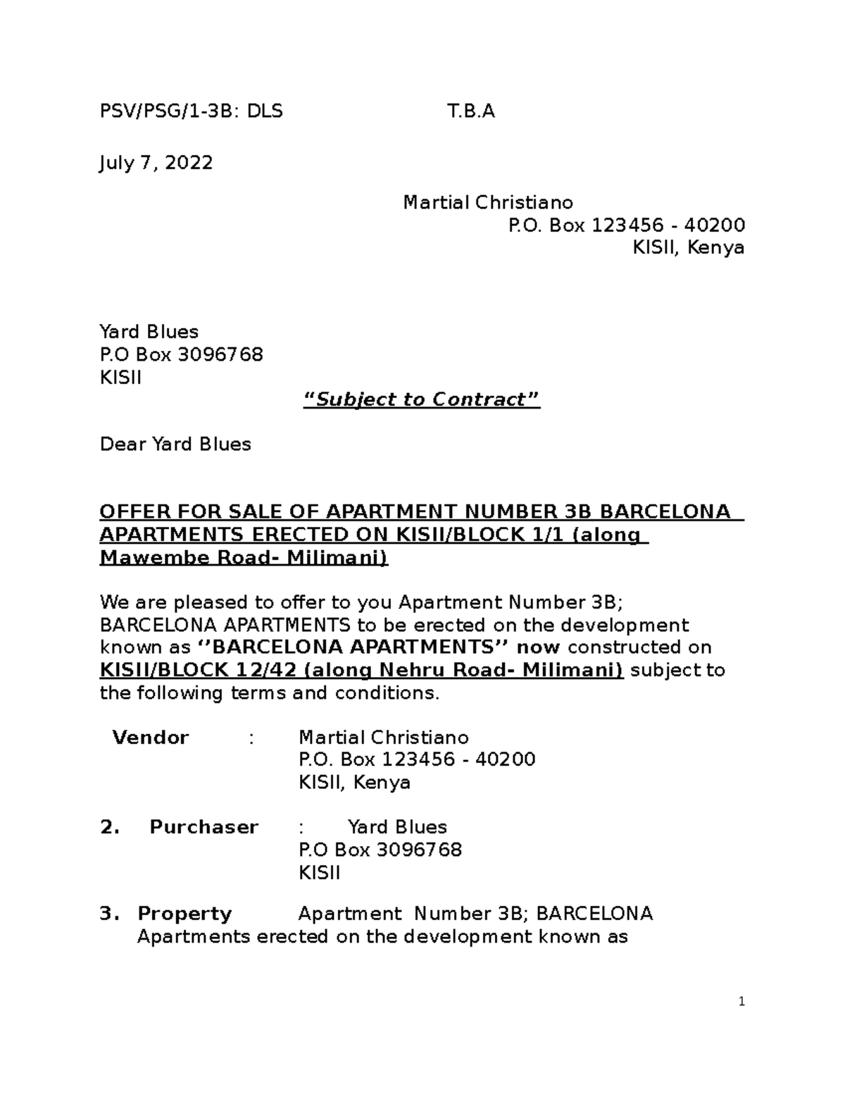 Letter OF Offer- Sectional Titles - PSV/PSG/1-3B: DLS T.B July 7, 2022 ...