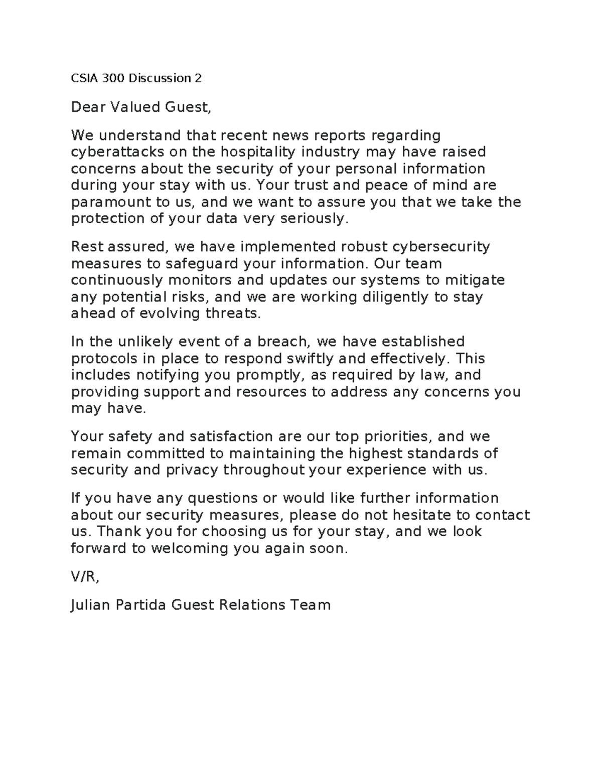 CSIA 300 Discussion 2 - CSIA 300 Discussion 2 Dear Valued Guest, We ...