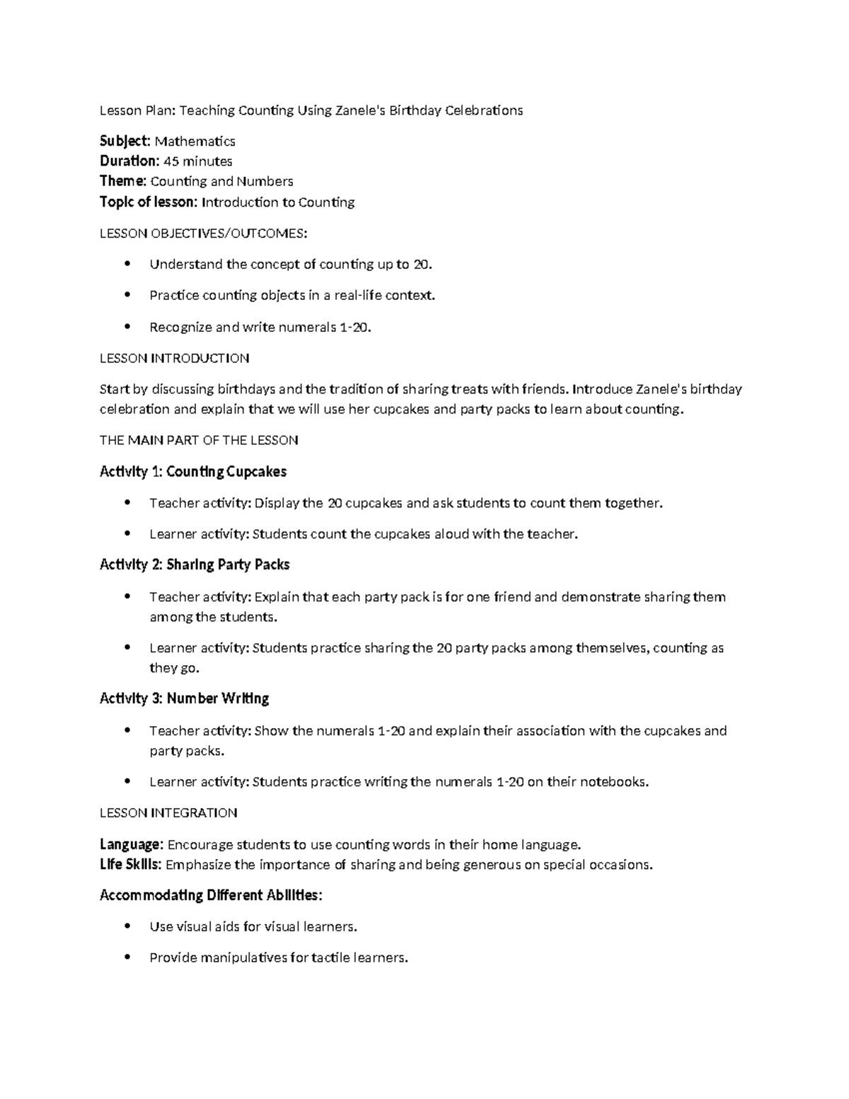 Gr 1 lesson 10 - assignments - Lesson Plan: Teaching Counting Using ...