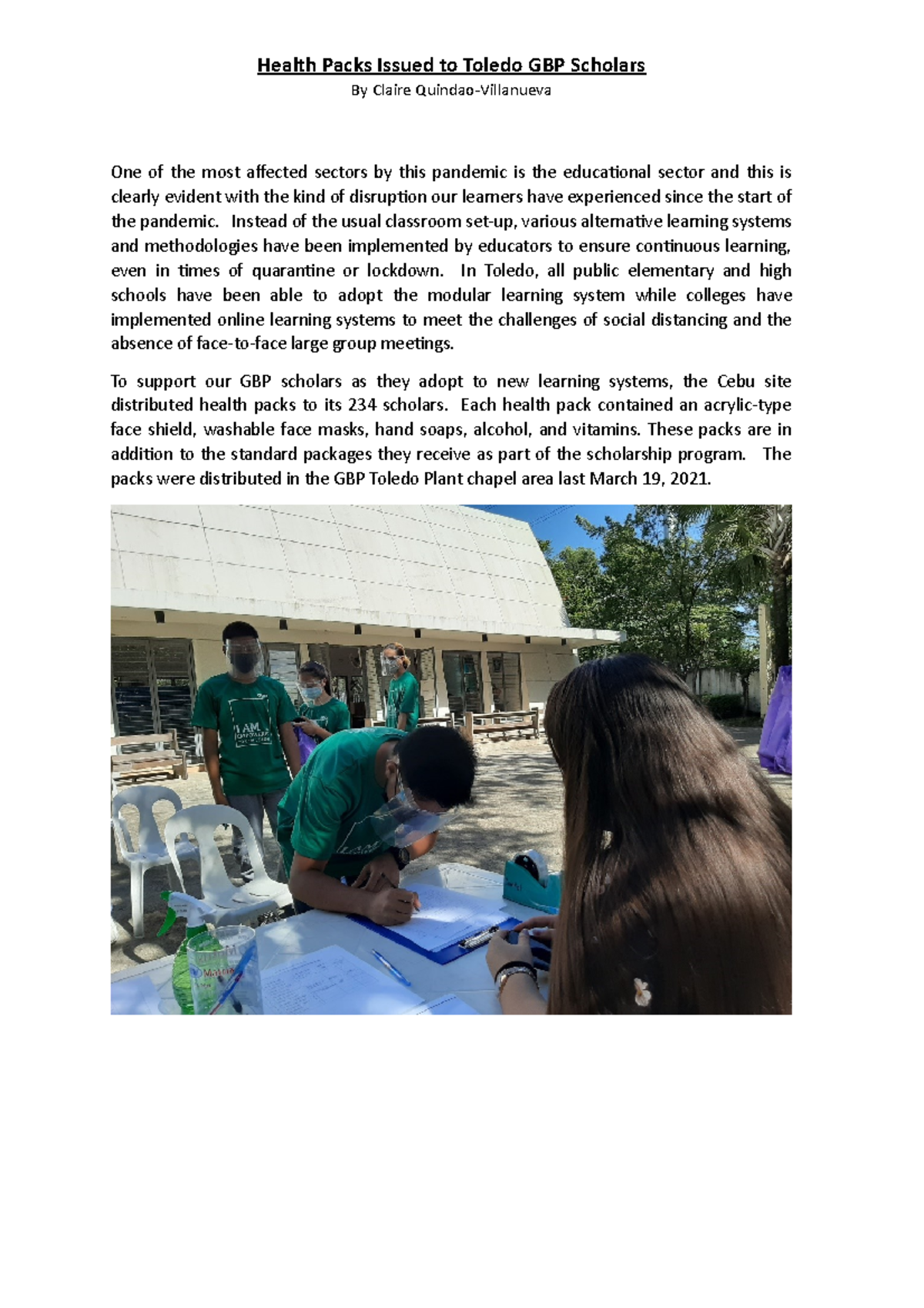 JLBU Health Packs Issued to GBP Scholars in Toledo - Health Packs ...