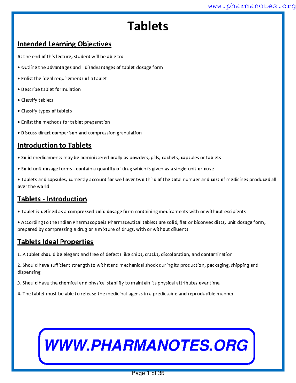 Tablets - Tablets Intended Learning Objectives At the end of this ...