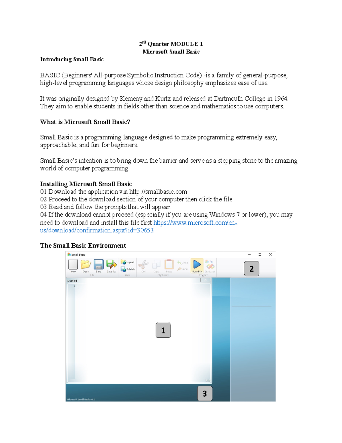 2nd Qrt Lecture Module 1 MS Small Basic - 2 nd Quarter MODULE 1 Microsoft Small Basic ...