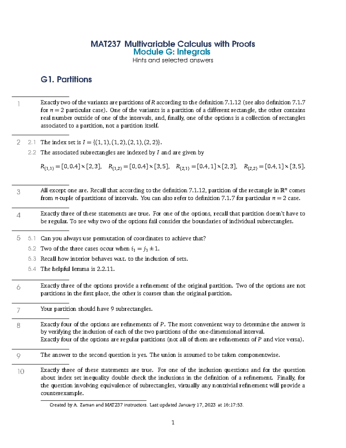 Mat237-g1-hints - study materials - MAT237 Multivariable Calculus with ...