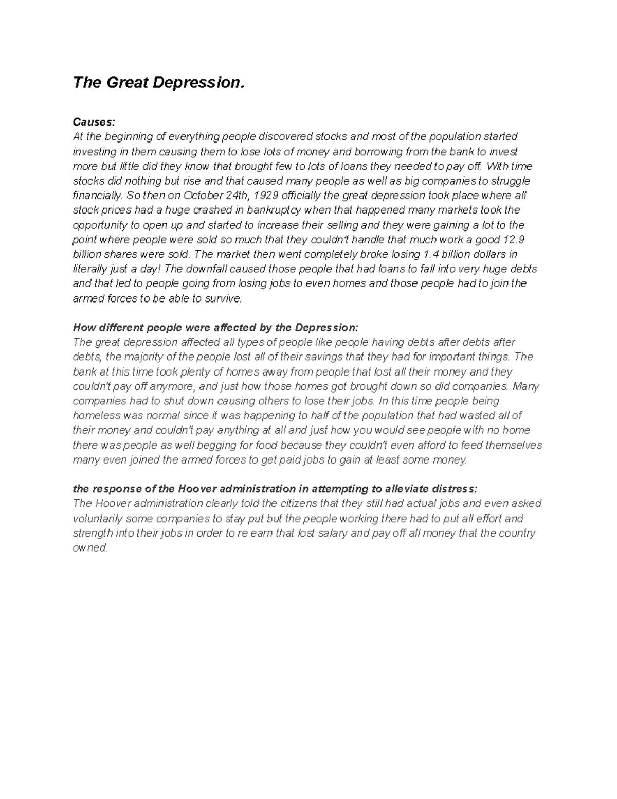 4.05 History - class work - The Great Depression. Causes: At the ...