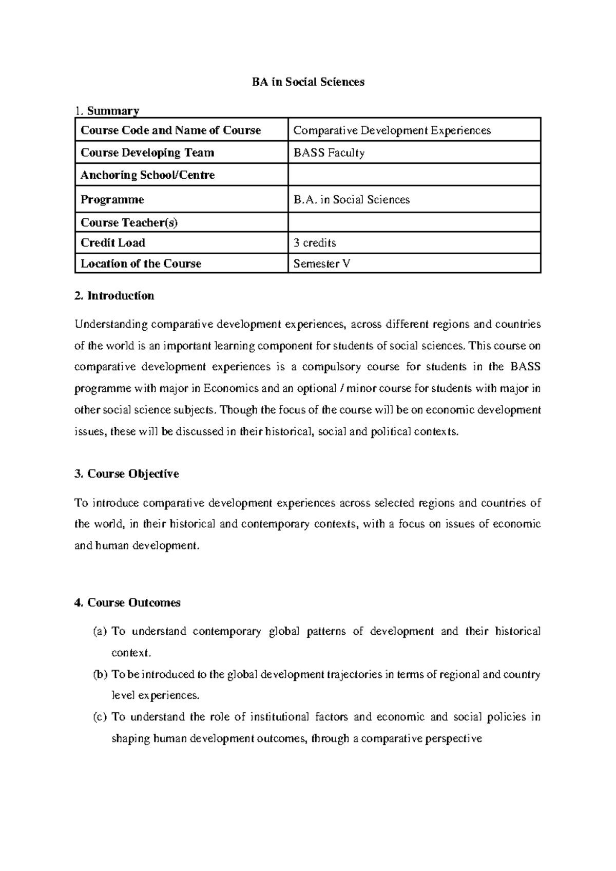 Semester 5 Comparative Development Experiences - BA in Social Sciences ...