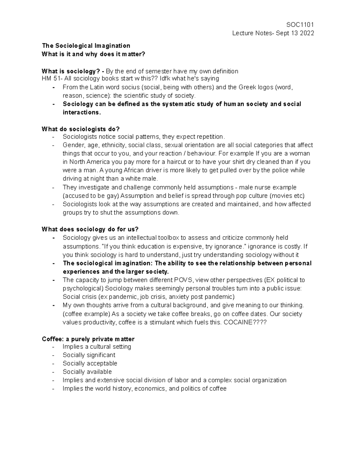 SOC1101- Sept 13 The Sociological Imagination - SOC Lecture Notes- Sept ...
