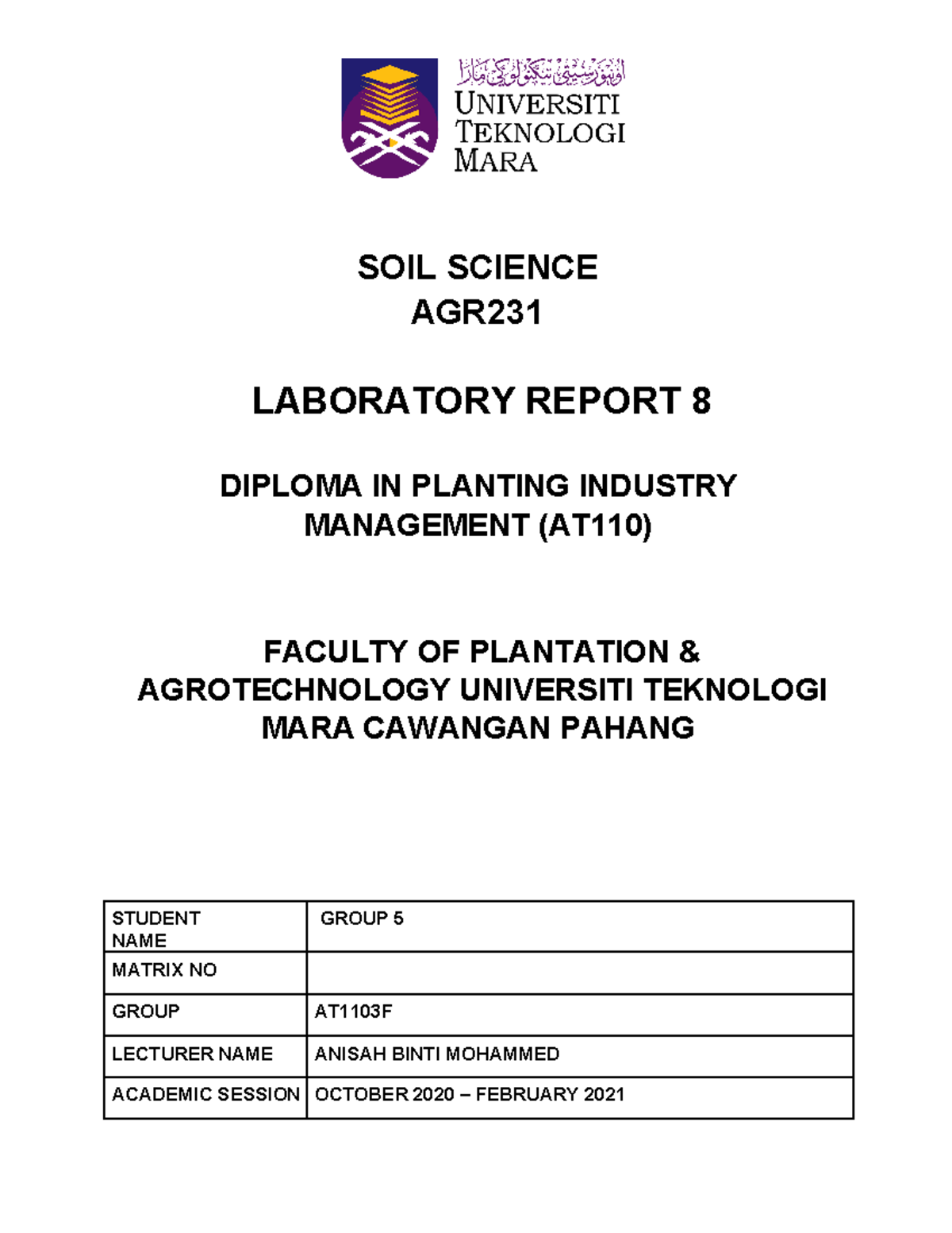 SOIL Science LAB Report 8 - SOIL SCIENCE AGR231 LABORATORY REPORT 8 ...