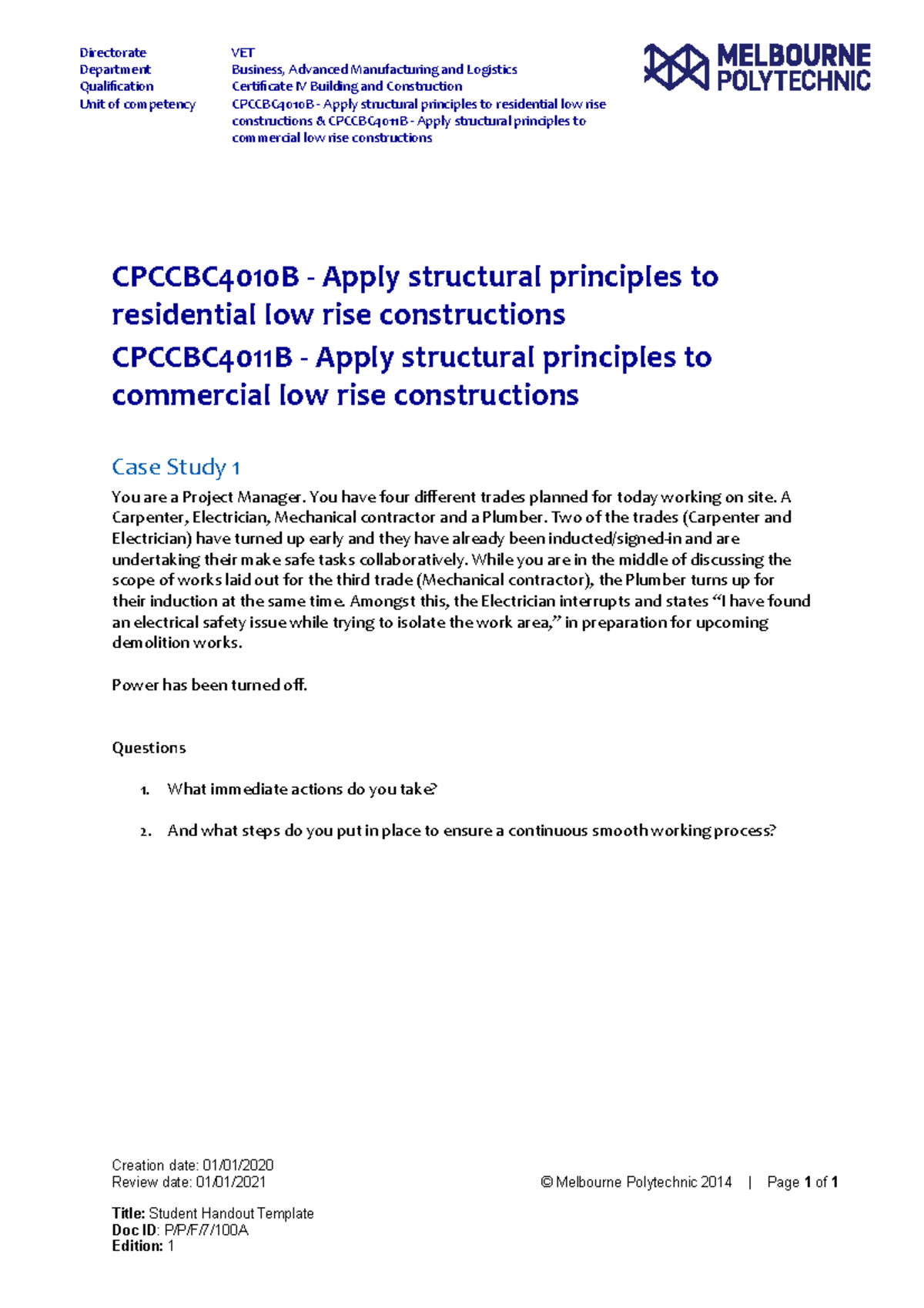 4010B 4011B Case Study 1 Student Handout - Directorate VET Department ...