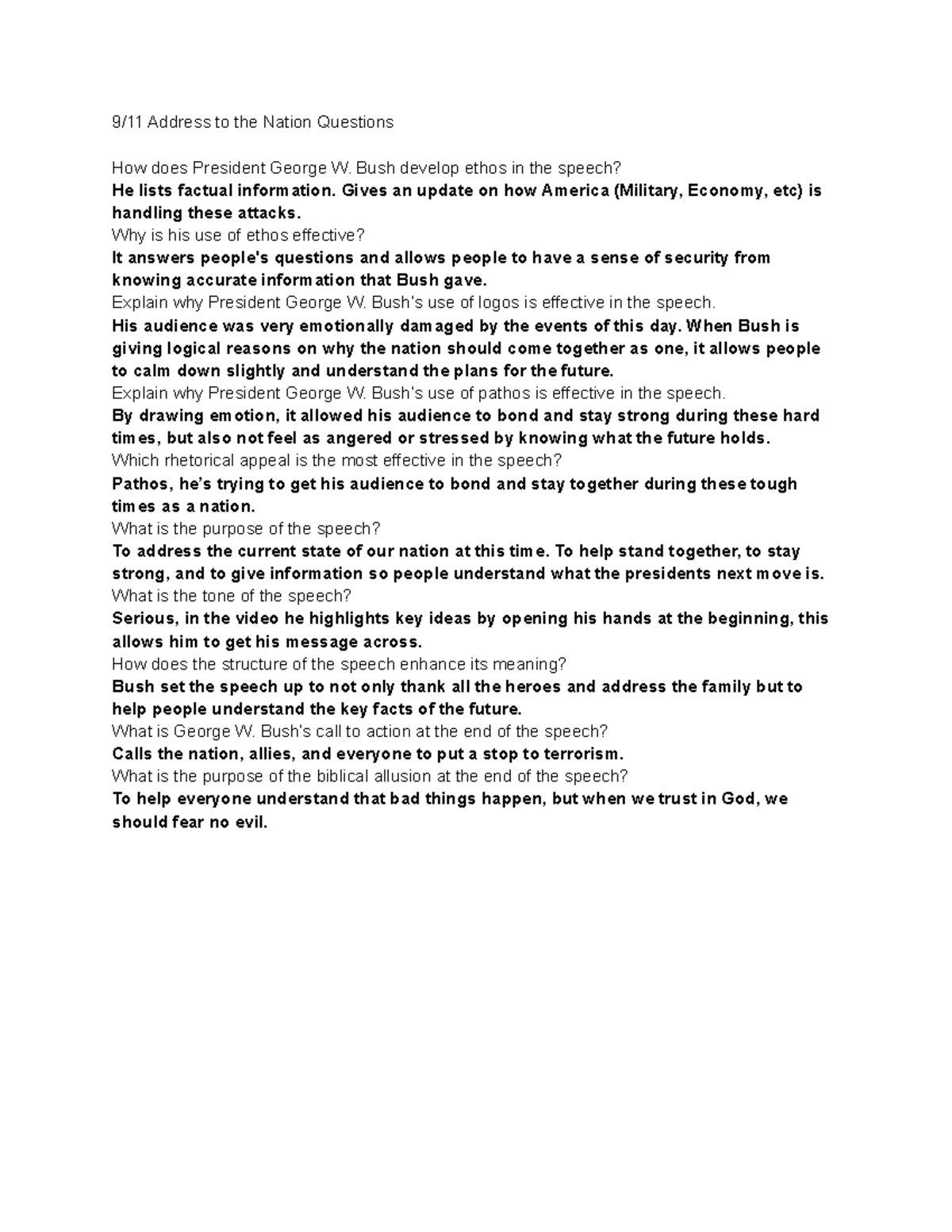 9 11 20 Assignment - 9/11 Address to the Nation Questions How does ...
