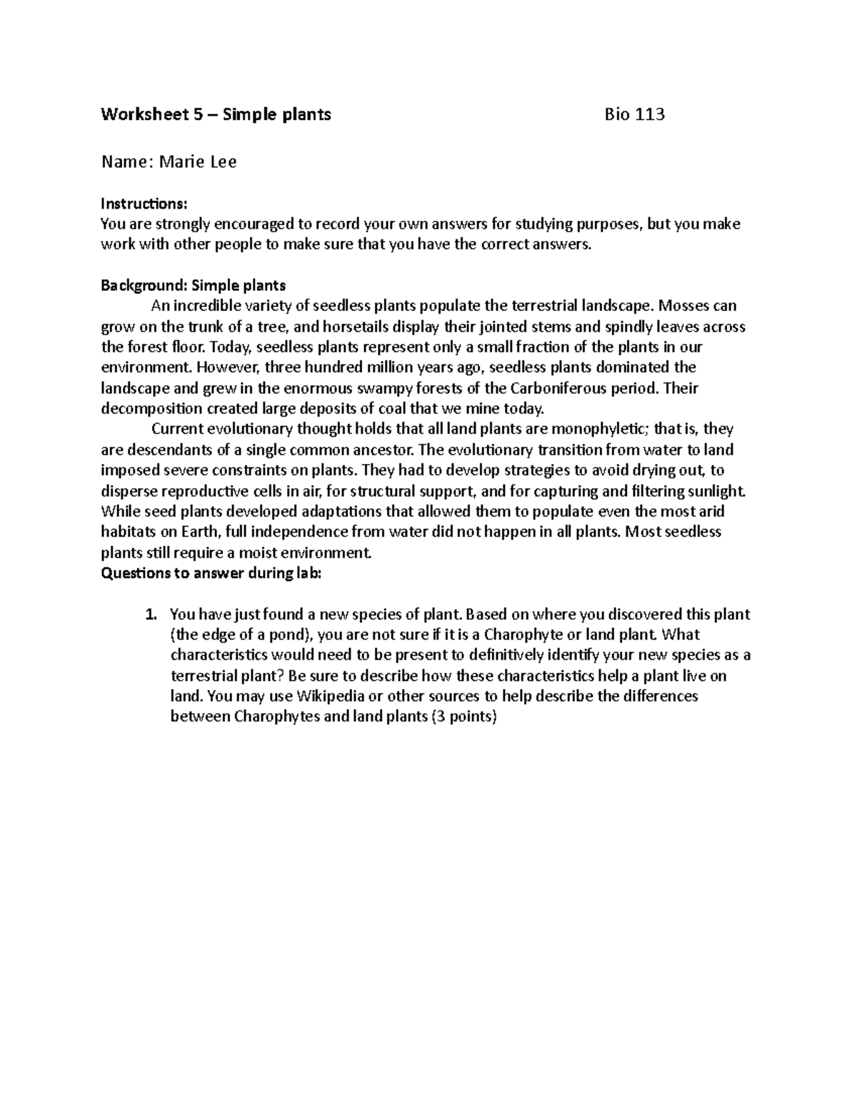 Worksheet 5 - lab 6 simple plants - Worksheet 5 – Simple plants Bio 113 ...
