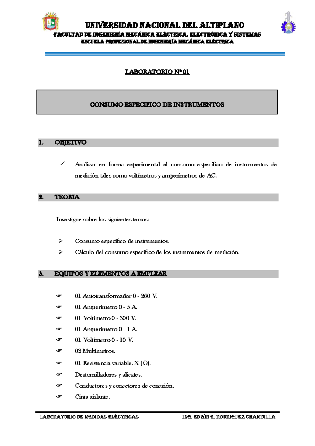 Laboratorio N° 01 de Medidas Electricas - Consumo especifico de ...