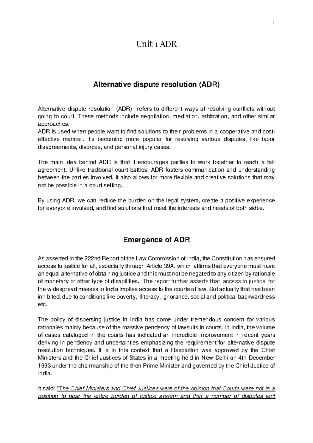 Complete adr - best notes - Unit 1 ADR Alternative dispute resolution ...