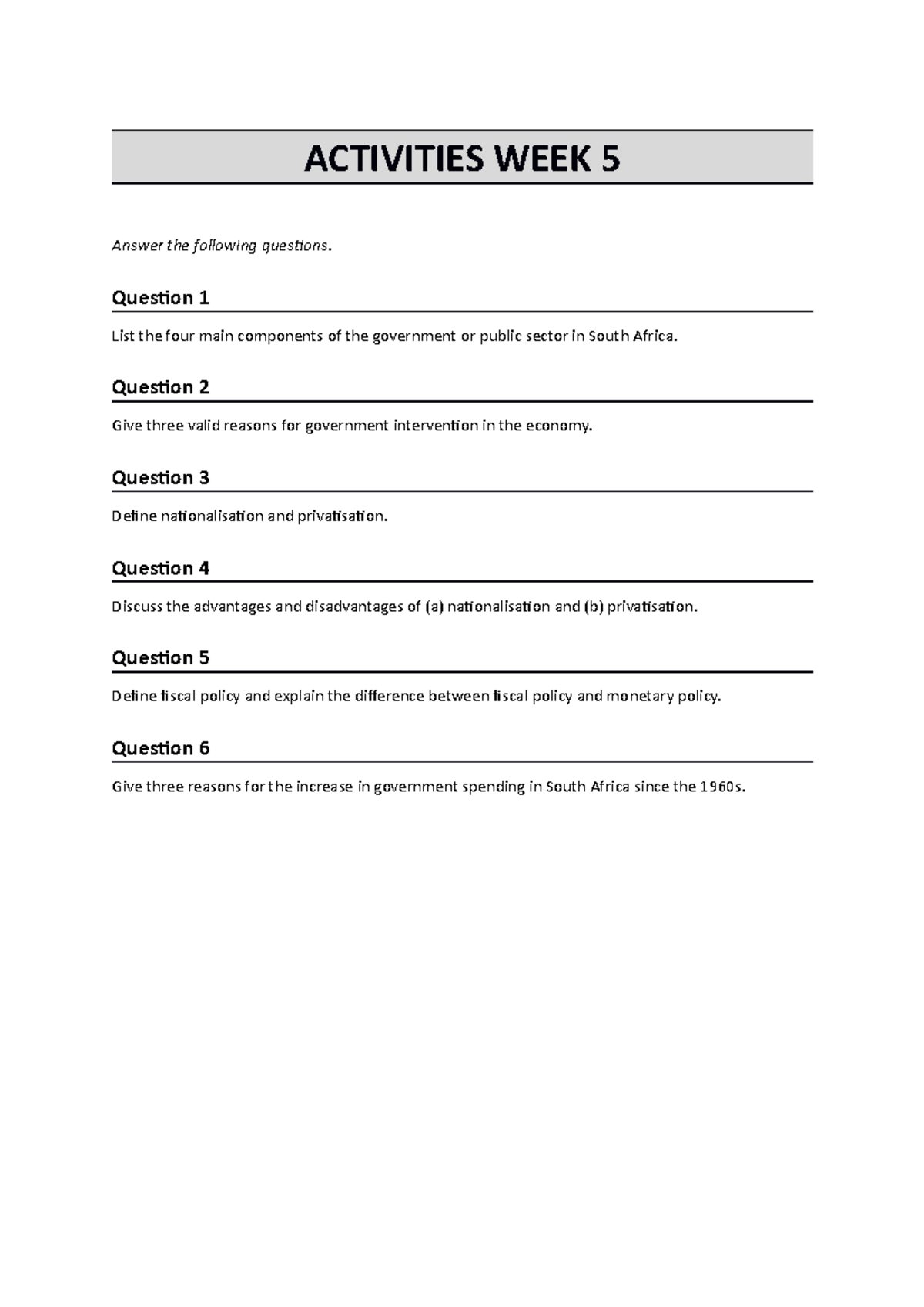 Week 5 PME Activities - Lecture notes 5 - ACTIVITIES WEEK 5 Answer the ...