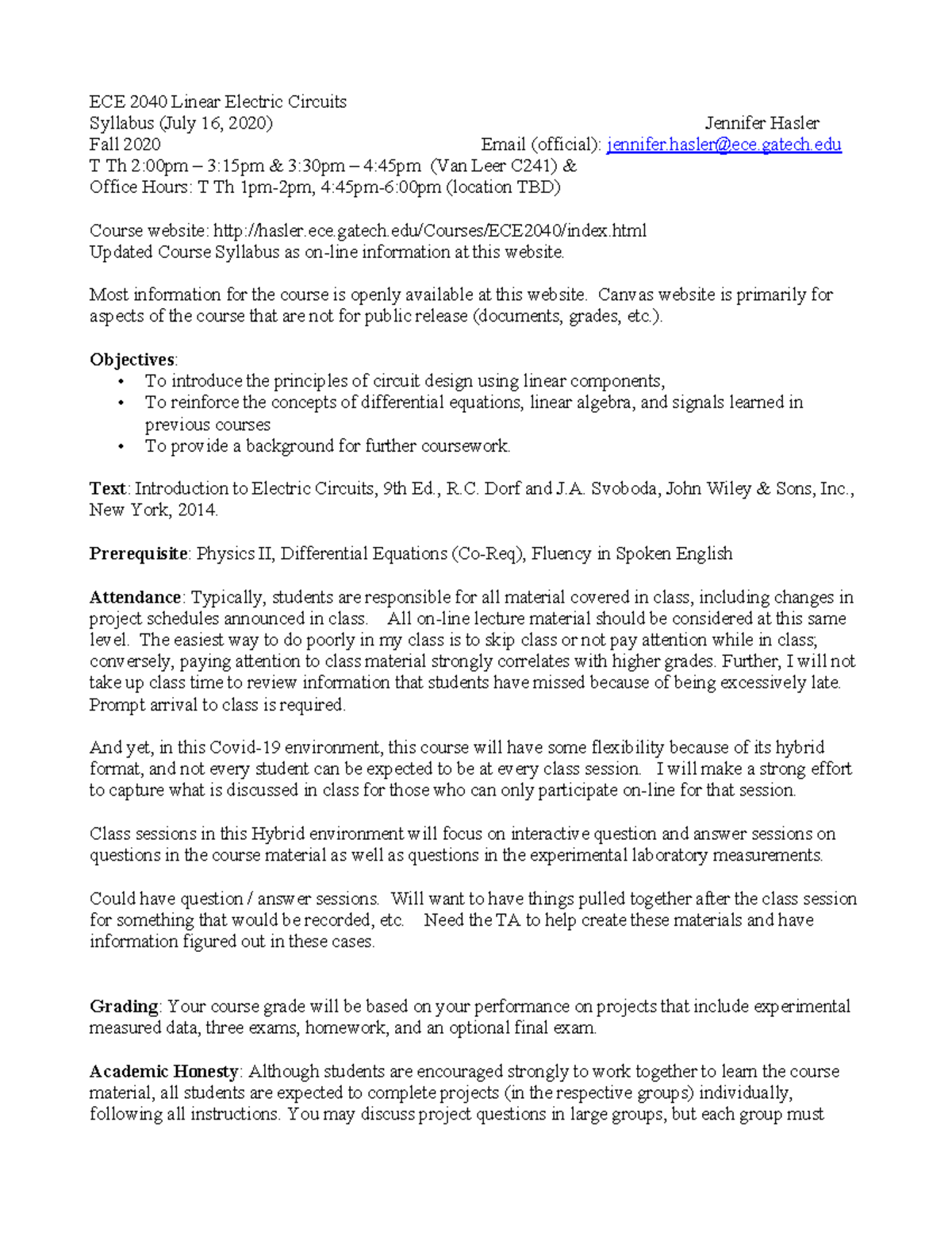 ECE2040Syllabus Fall2020 - ECE 2040 Linear Electric Circuits Syllabus ...