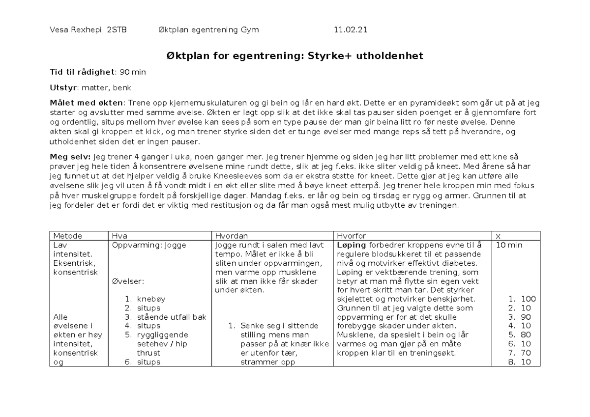 øktplan drøftning høst 2020 - Øktplan for egentrening: Styrke+ ...