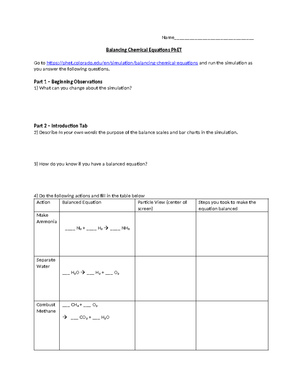 0 Balancing Chemical Equations Activity Ph ET - pre-lab - Copy - Name