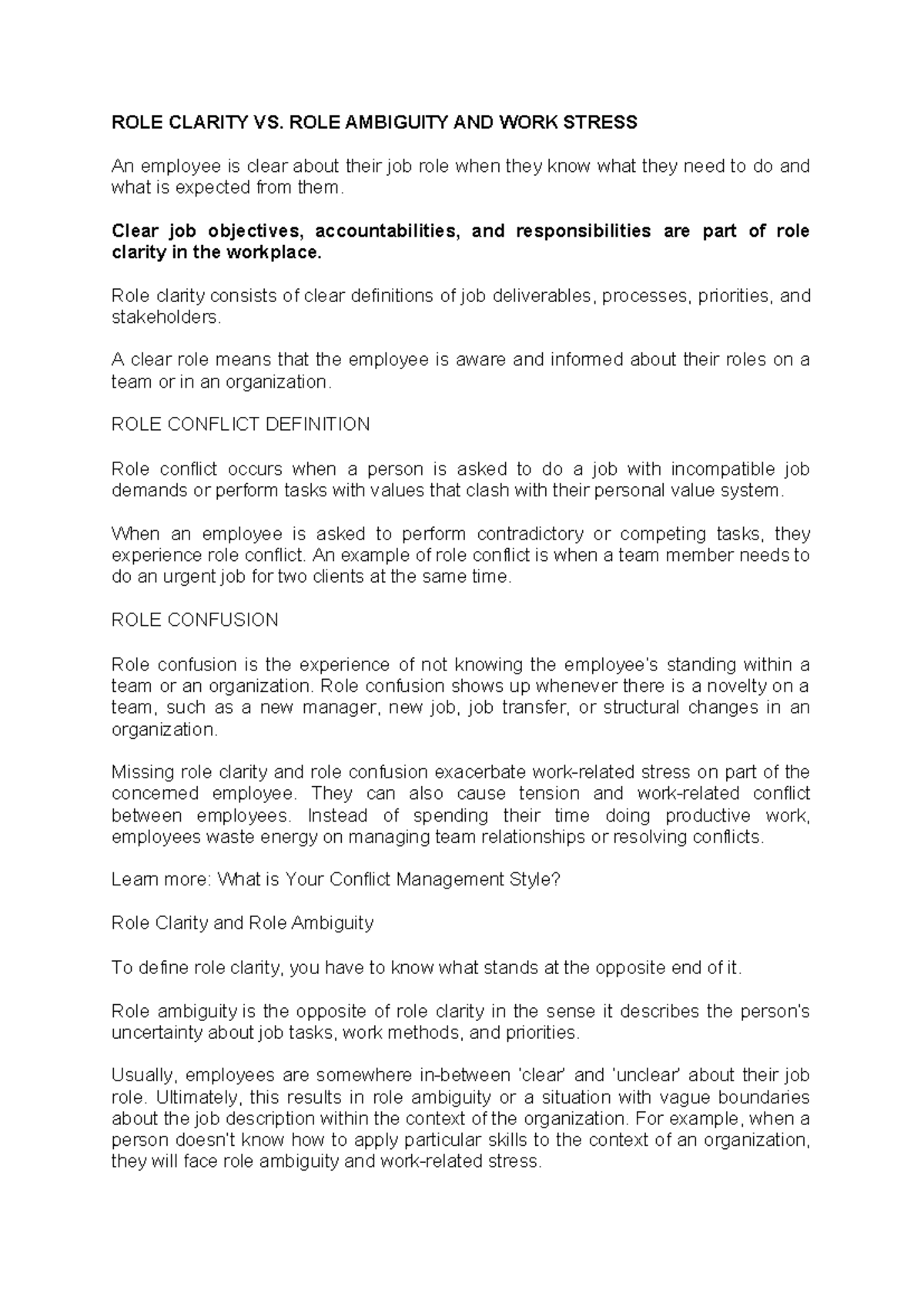 Lecture 11 Notes - ROLE CLARITY VS. ROLE AMBIGUITY AND WORK STRESS An ...