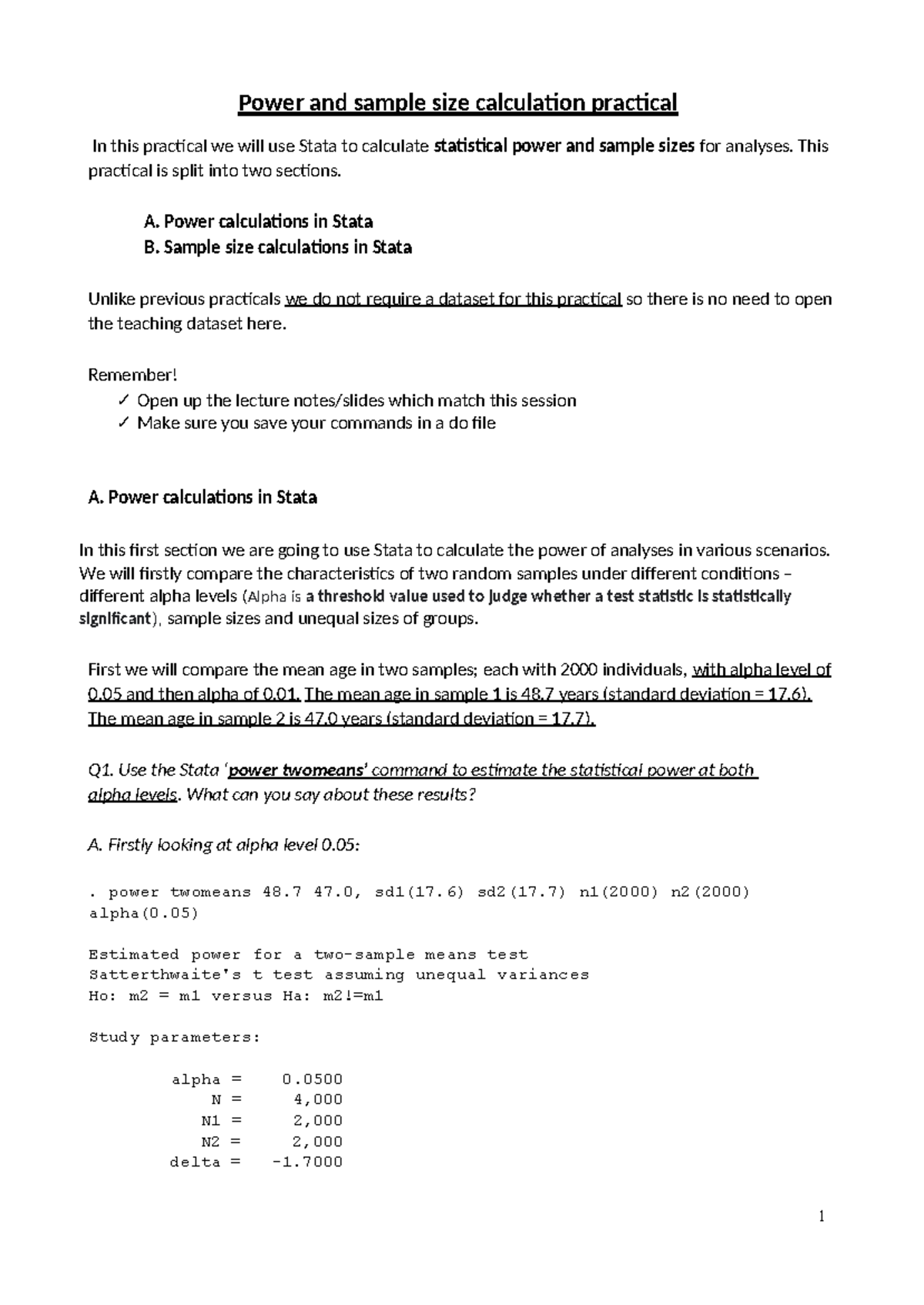 Session 8 q&a - Power and sample size calculation practical In this practical we will use Stata ...