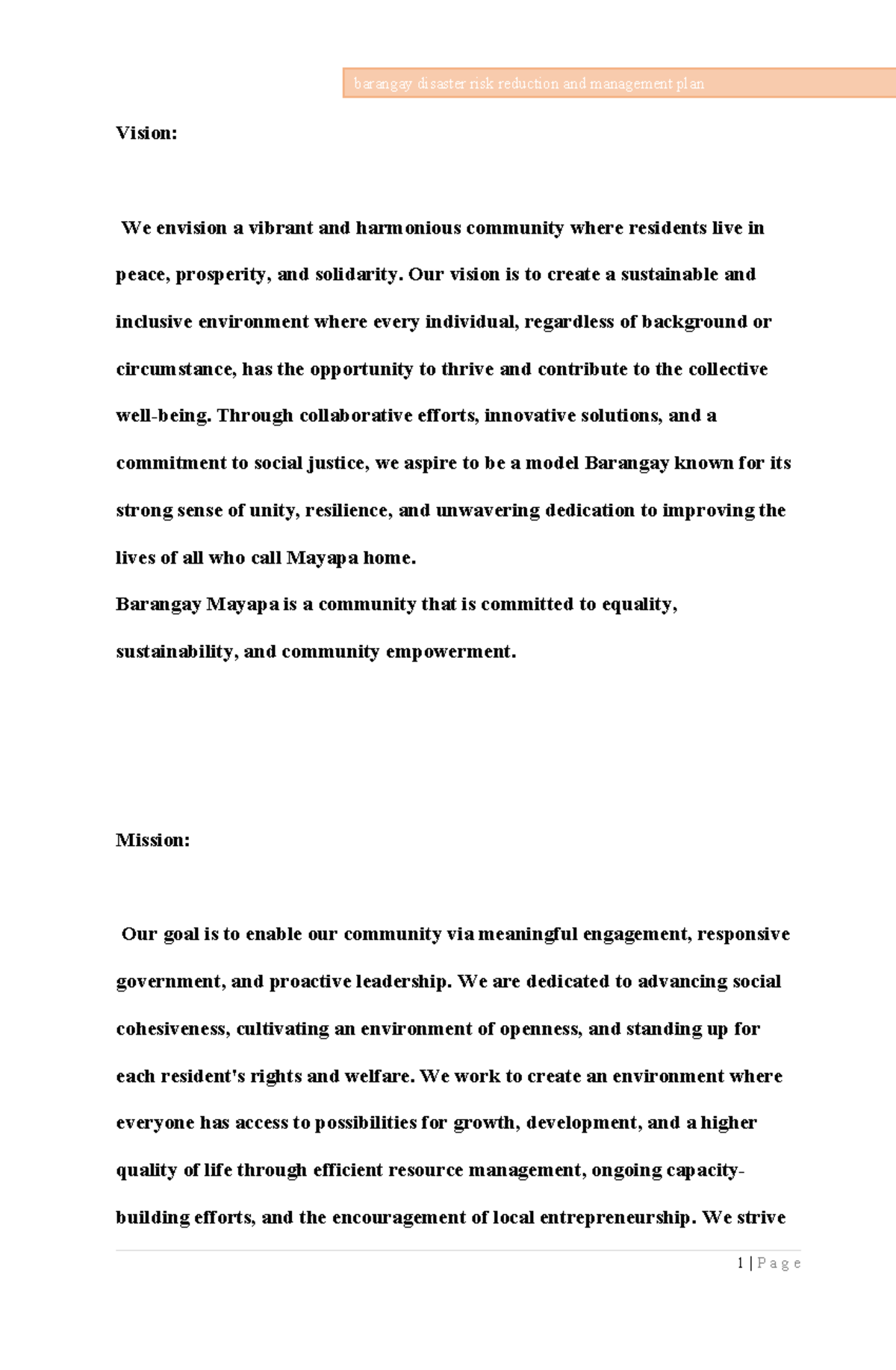 Barangay disaster risk reduction and management plan template - Vision ...