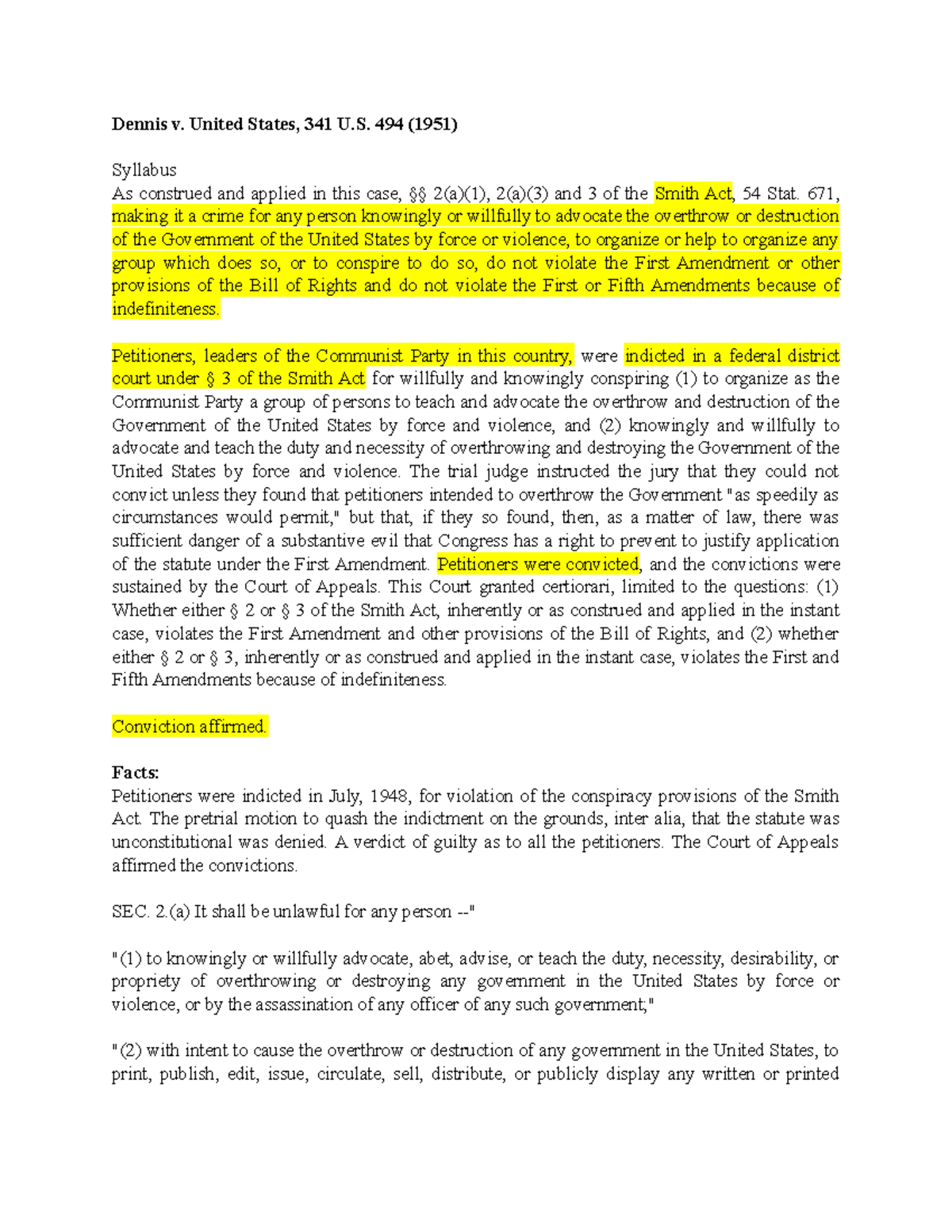 Dennis v US - constitution - Dennis v. United States, 341 U. 494 (1951 ...