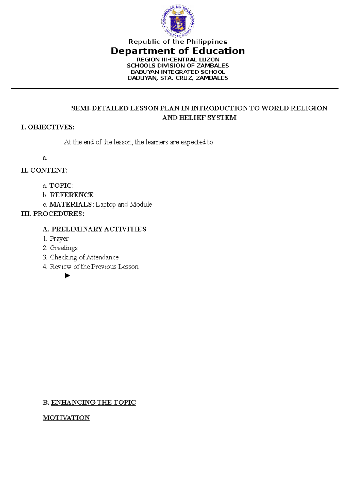 DLP Format - fsdfssg - Republic of the Philippines Department of ...