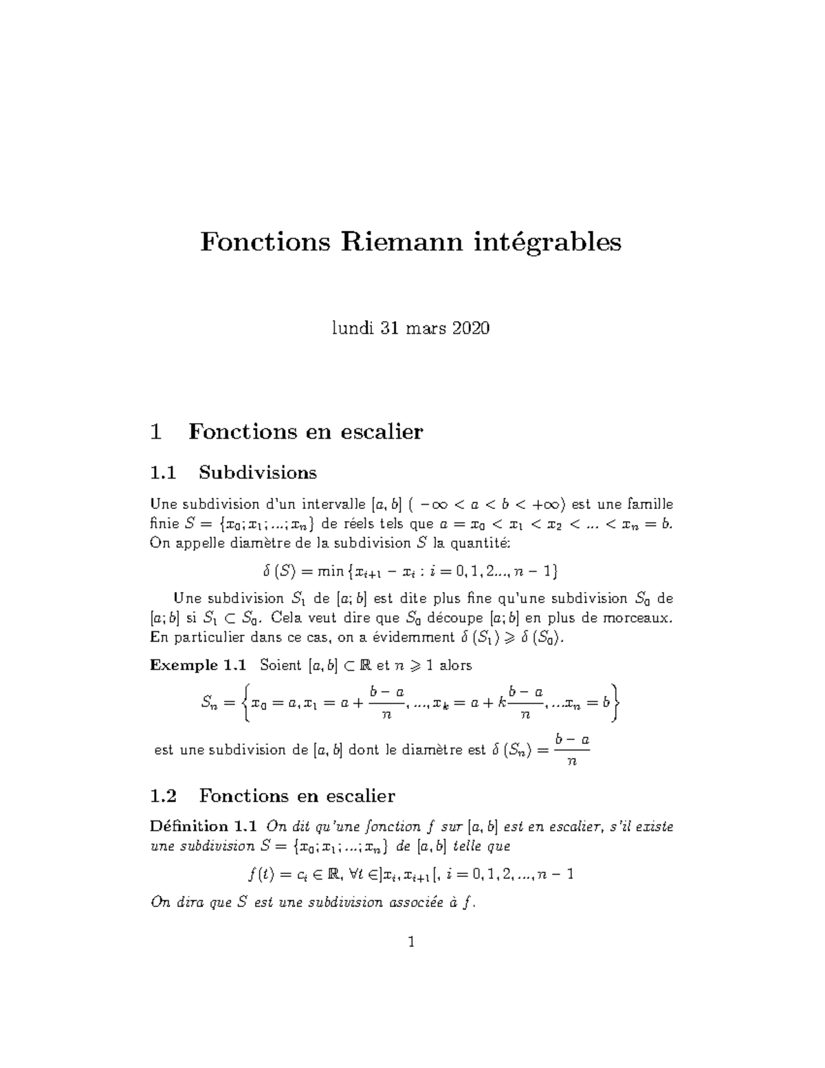 Chp 1 M123 - Fonctions Riemann intégrables, Fonctions en escalier, Intégrales de fonctions - Studocu