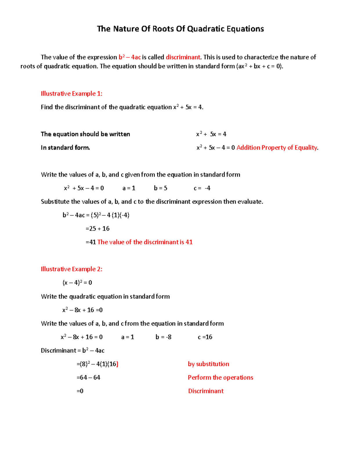 Febihs Math The Nature Of Roots Of Quadratic Equations - The Nature Of ...