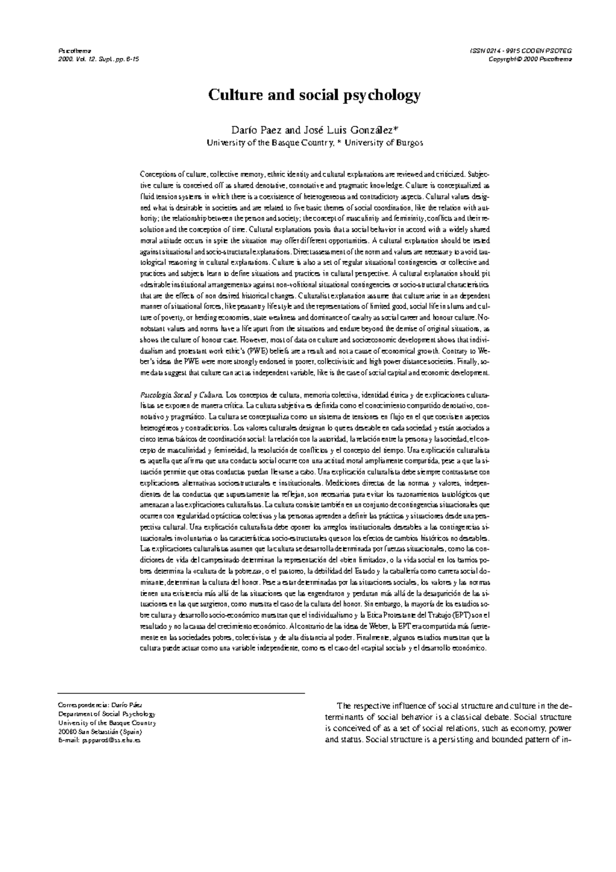 Culture and social psychology - The respective influence of social ...