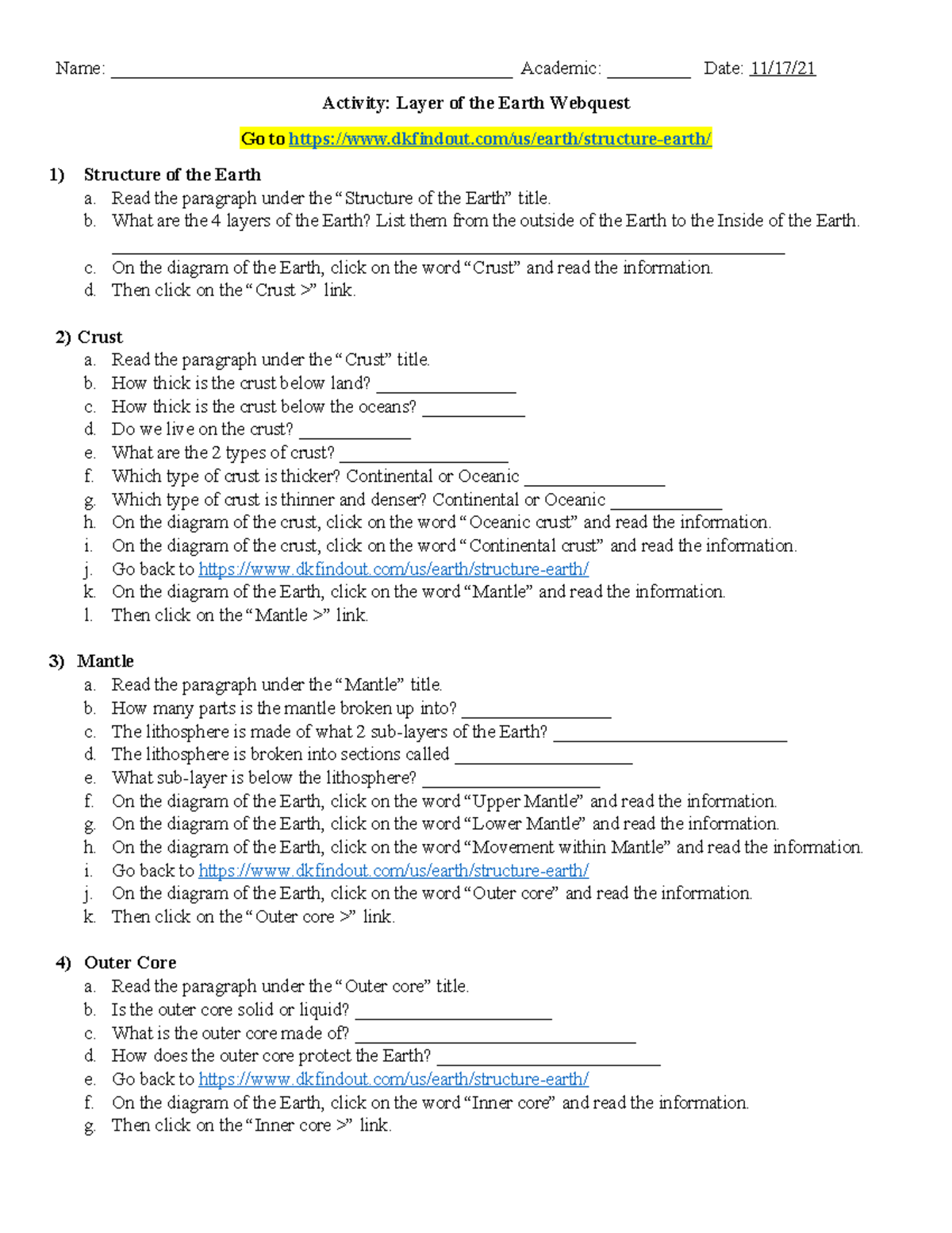 Copy of Copy of Layer of the Earth Webquest - Name