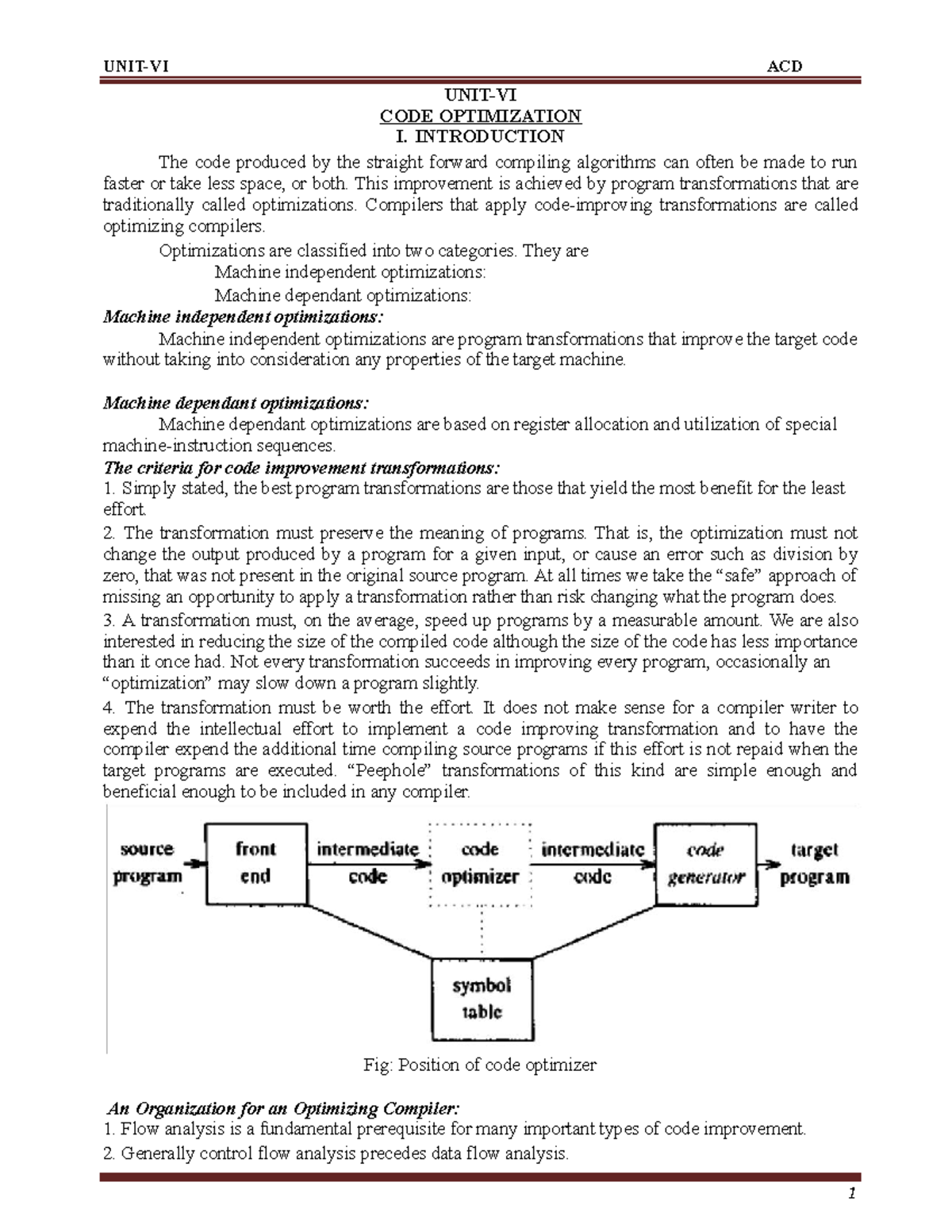 ACD unit-6-1 - Acd - UNIT-VI CODE OPTIMIZATION I. INTRODUCTION The code produced by the straight ...