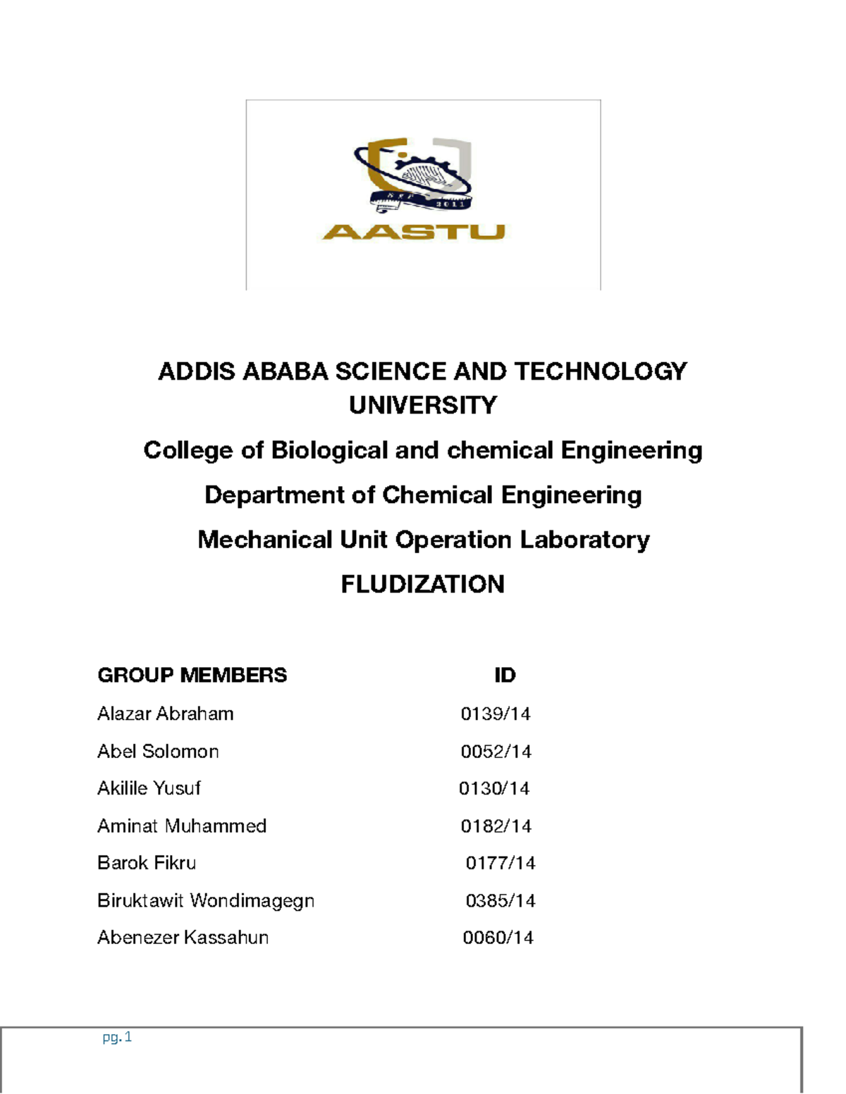Fluidization report - ADDIS ABABA SCIENCE AND TECHNOLOGY UNIVERSITY ...