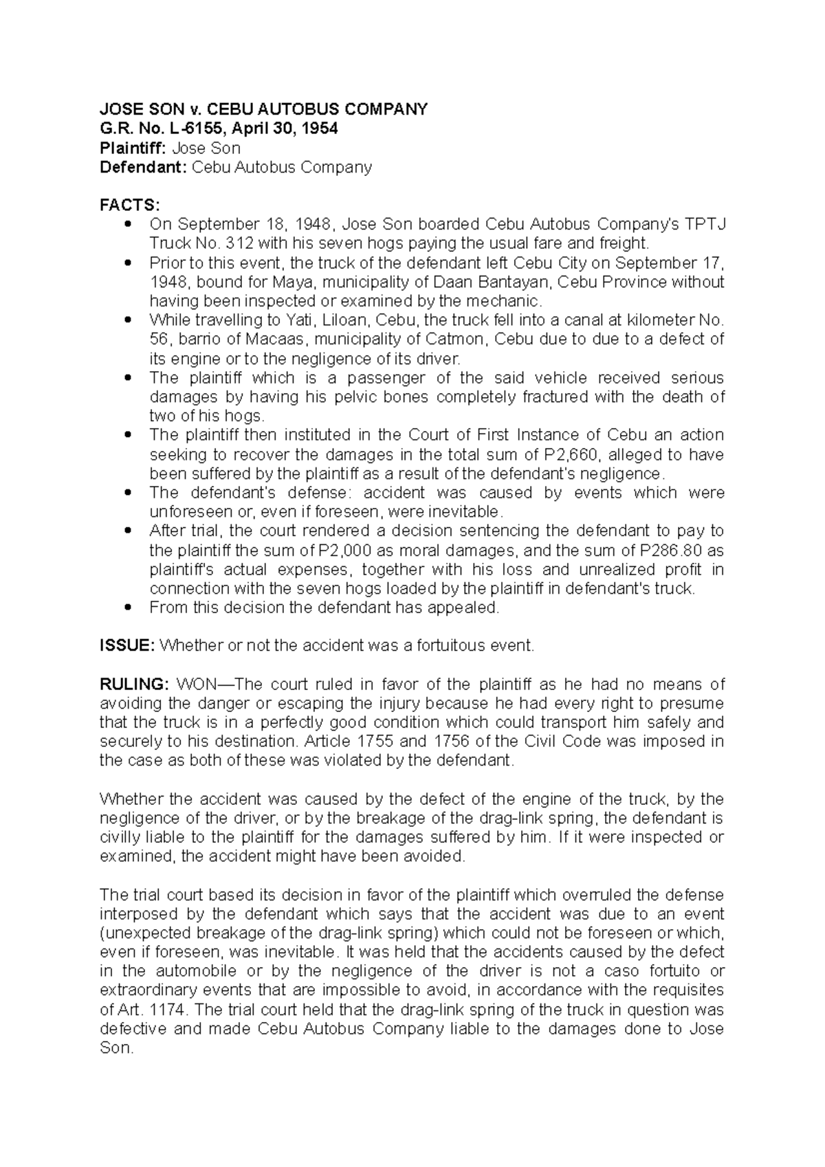 ObliCon Case Digest - JOSE SON v. CEBU AUTOBUS COMPANY G. No. L-6155 ...