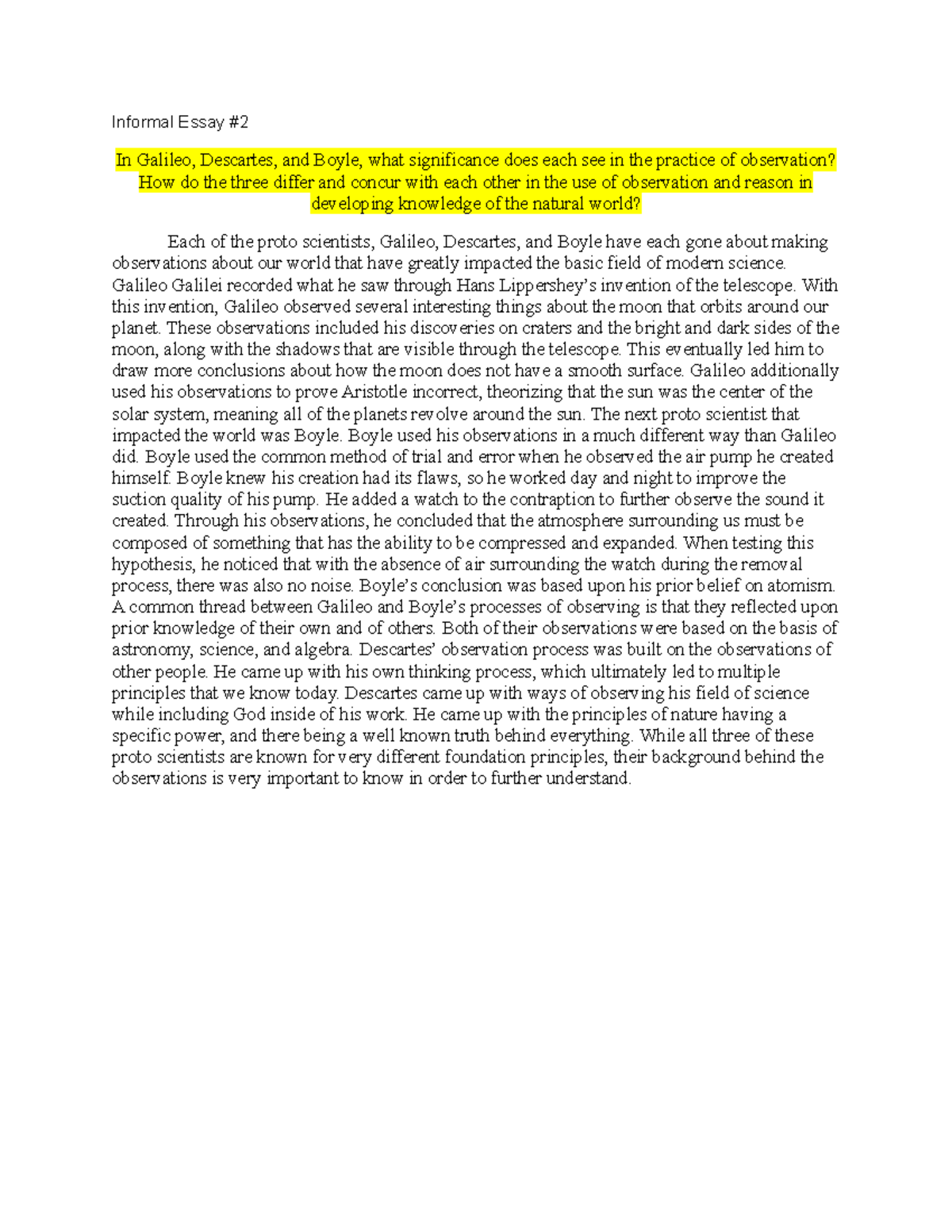 Week 2 Informal Essay - Grade: A - Informal Essay # In Galileo ...