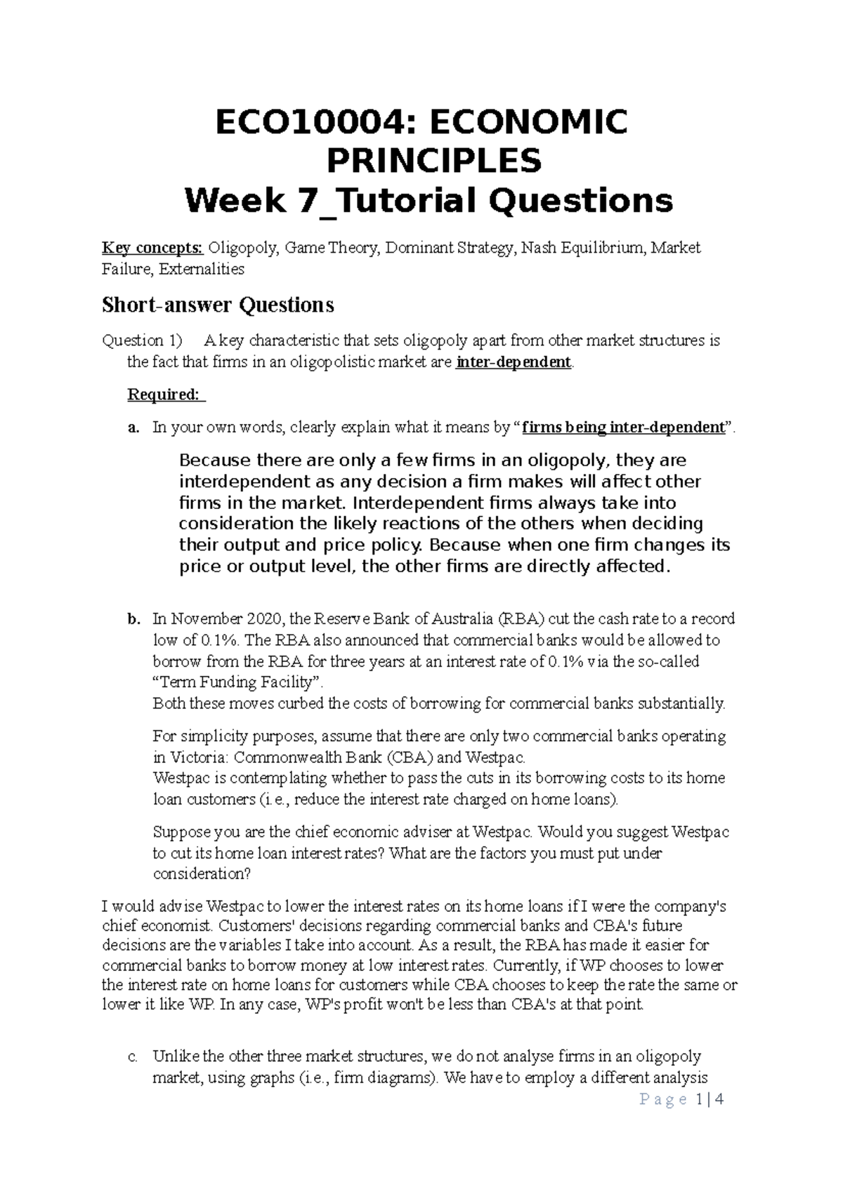 Week 7 Tutorial Questions-1 - ECO10004: ECONOMIC PRINCIPLES Week 7 ...