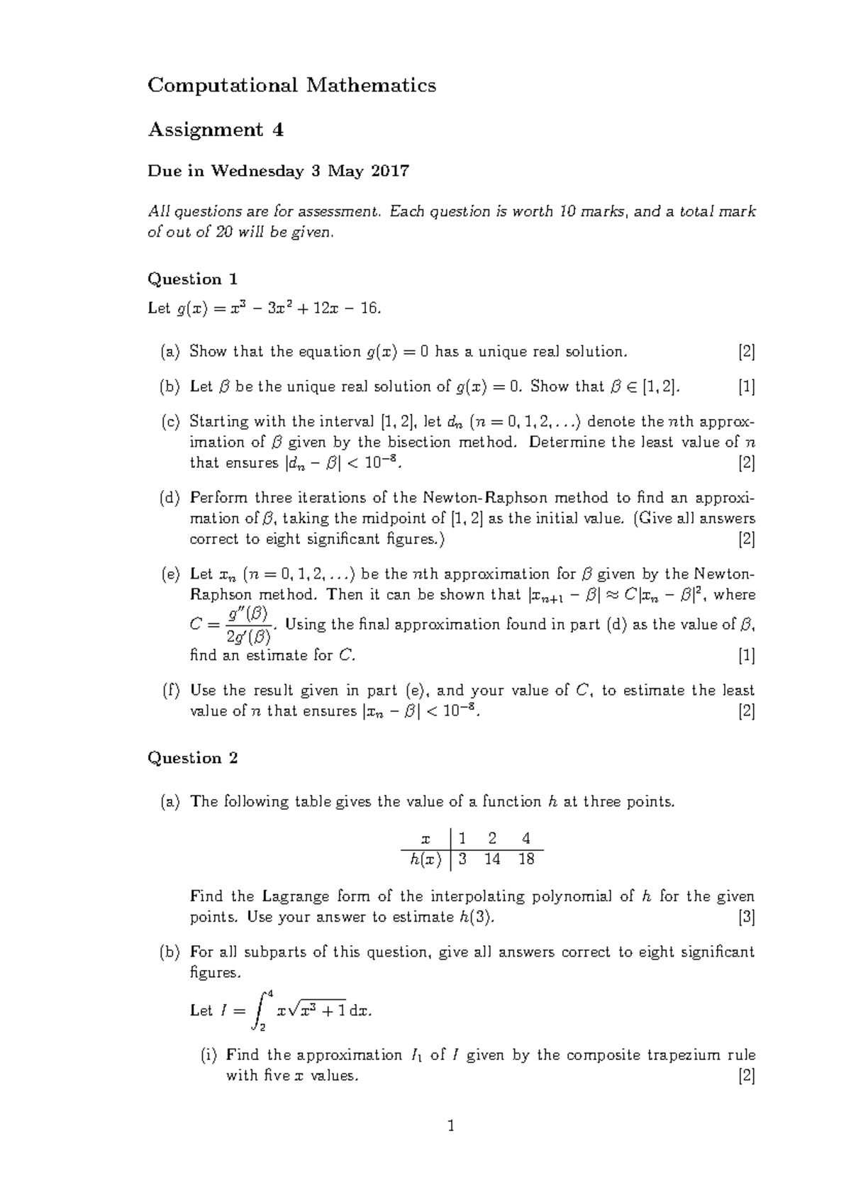 Comp Math Assignment 4 2016 17 Computational Mathematics Assignment 4 Due In Wednesday 3 May