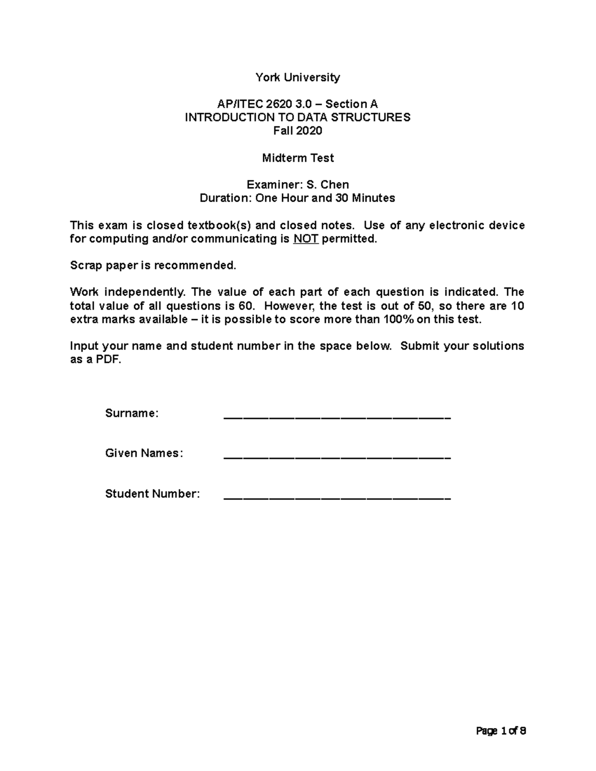 Midterm 2020 2021 Fall - online - York University AP/ITEC 2620 3 – Section A INTRODUCTION TO ...