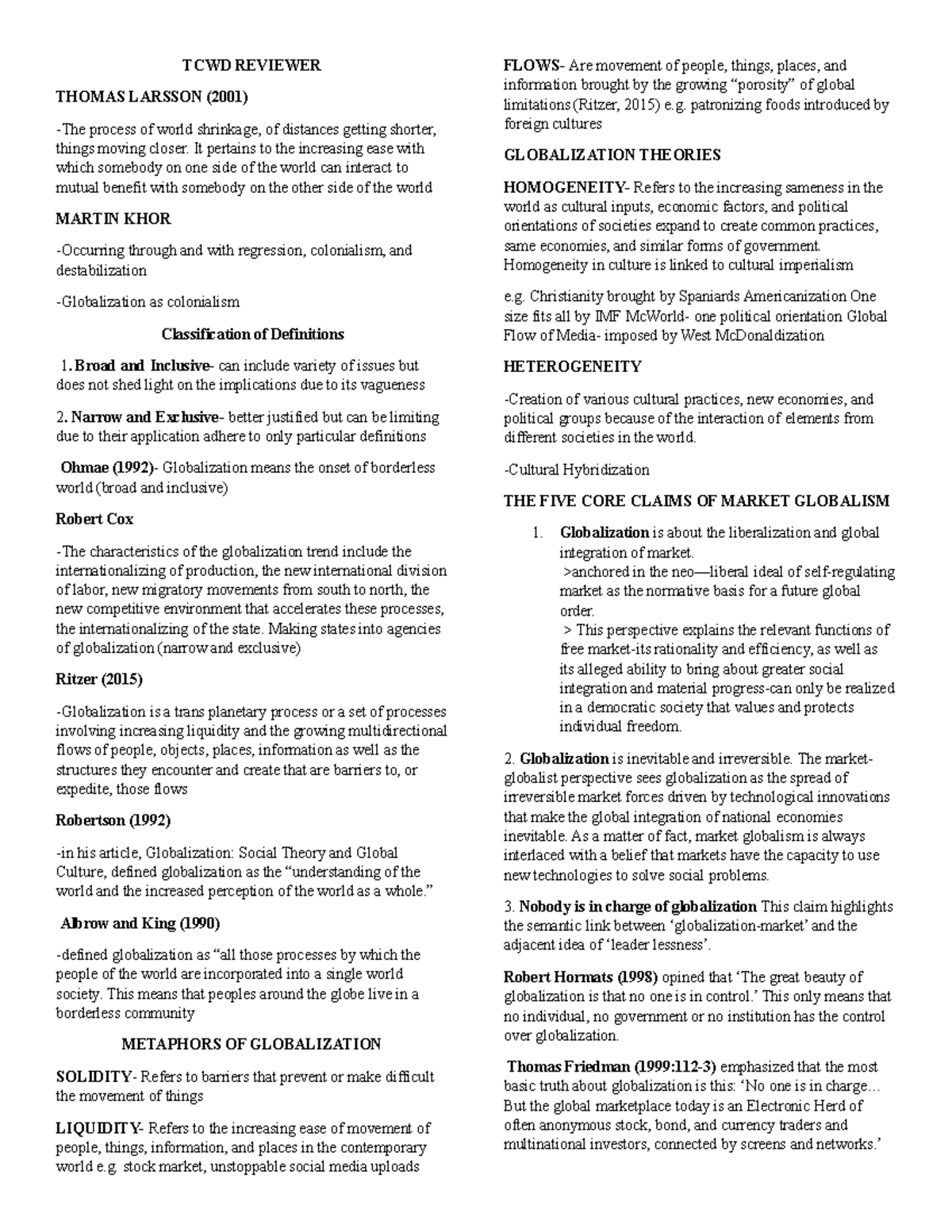 TCWD Reviewer - The contemporary world - TCWD REVIEWER THOMAS LARSSON ...