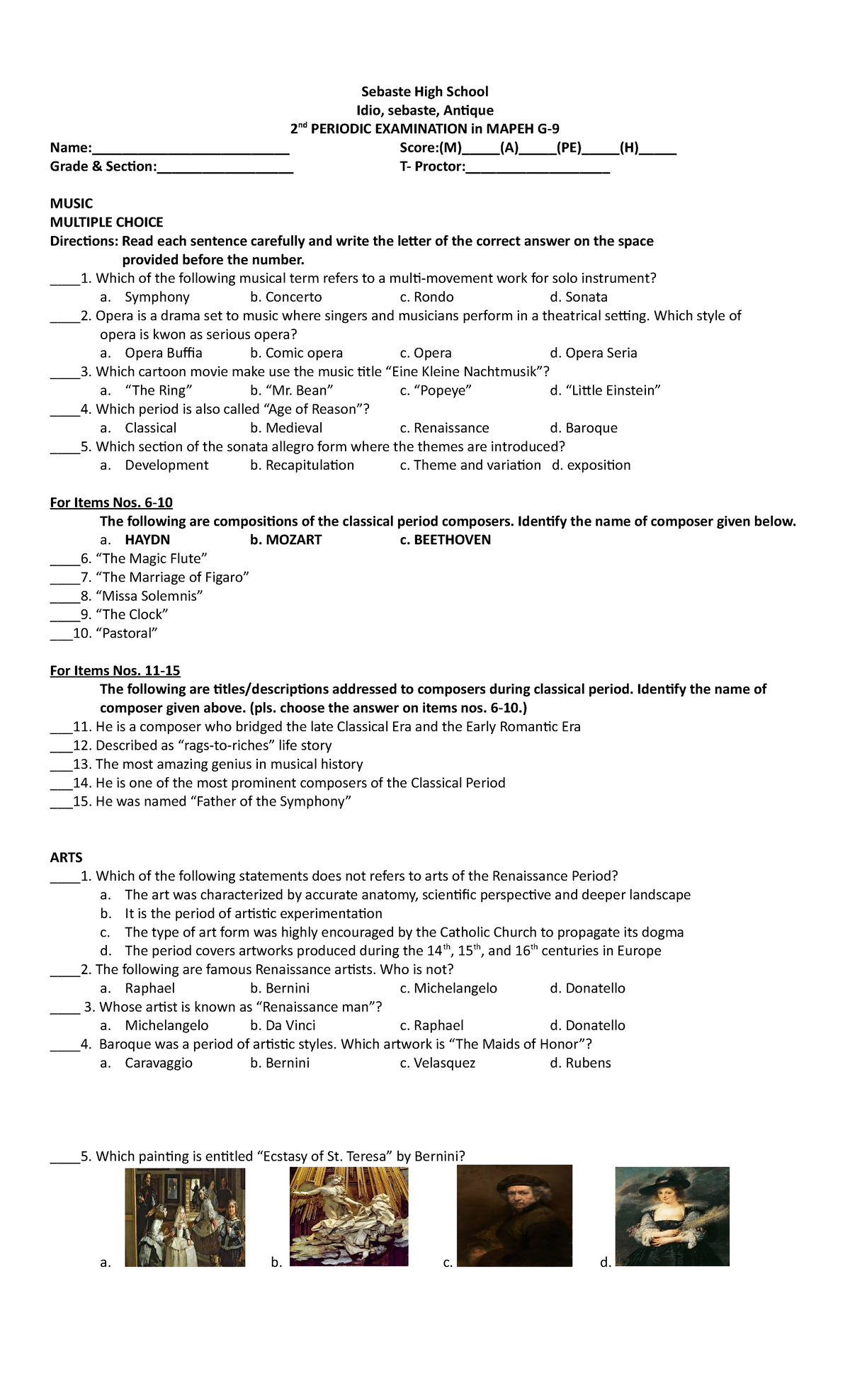 Mapeh 2nd periodic exam 23 - Sebaste High School Idio, sebaste, Antique ...