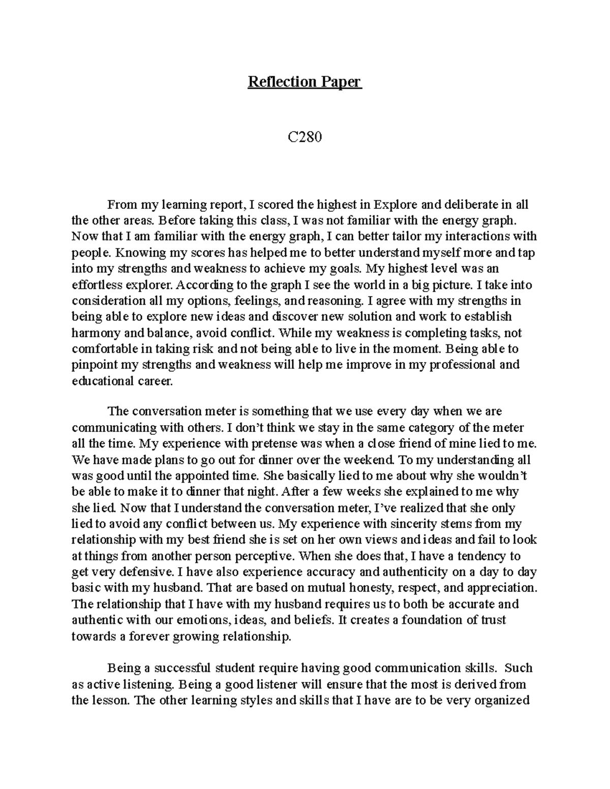 Leadership and Communication Reflection Paper - Reflection Paper C From ...