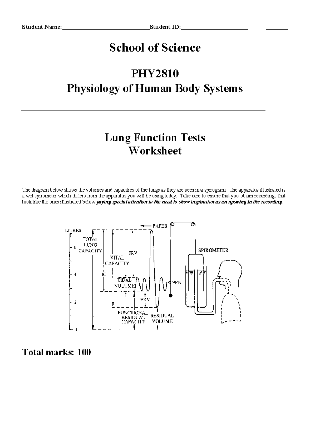PHY2810 Lung Function Worksheet - Student Name: Student ID: School of ...