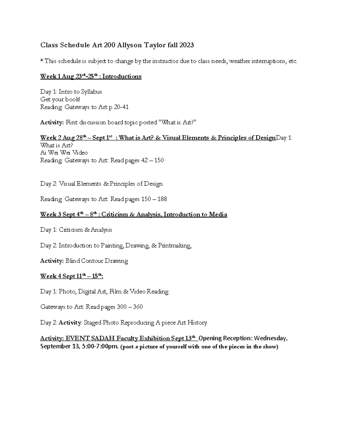 Class Schedule 2023 art200sp - Class Schedule Art 200 Allyson Taylor ...