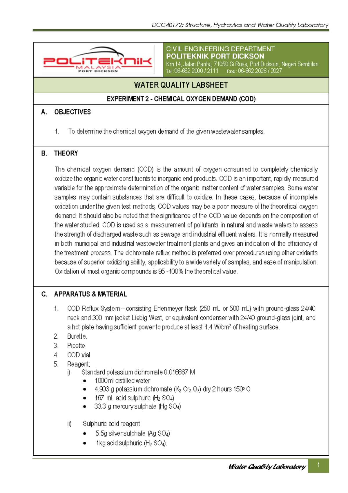 Chemical Oxygen Demand - COD - CIVIL ENGINEERING DEPARTMENT POLITEKNIK ...