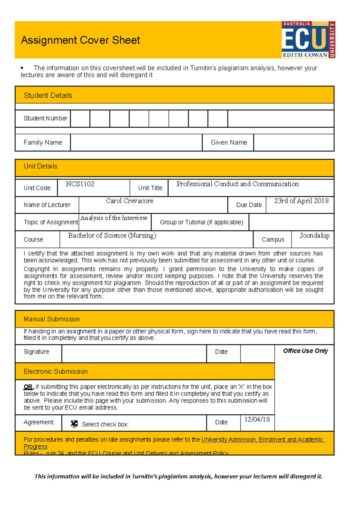 Assessment 1 - Analysis of the Interview - Assignment Cover Sheet The ...