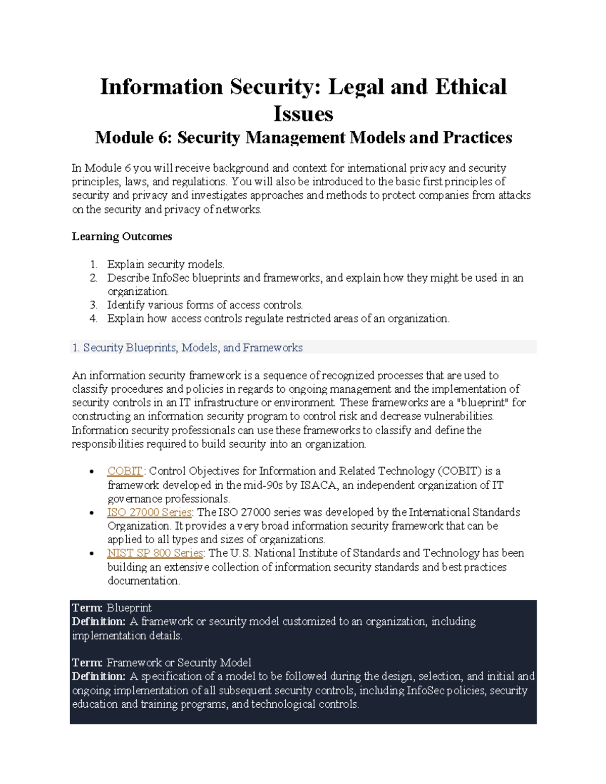 Information Security-Week6 Notes - Information Security: Legal and ...