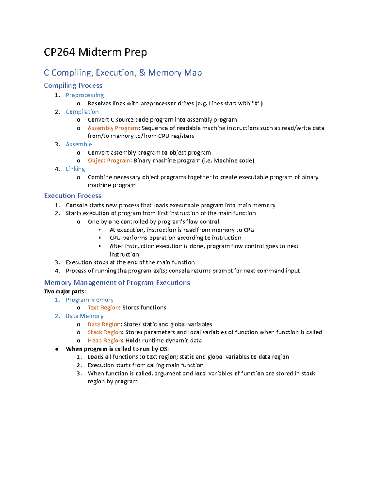 Cp264 Midterm Prep 1 Cp264 Midterm Prep C Compiling Execution And Memory Map Compiling Process