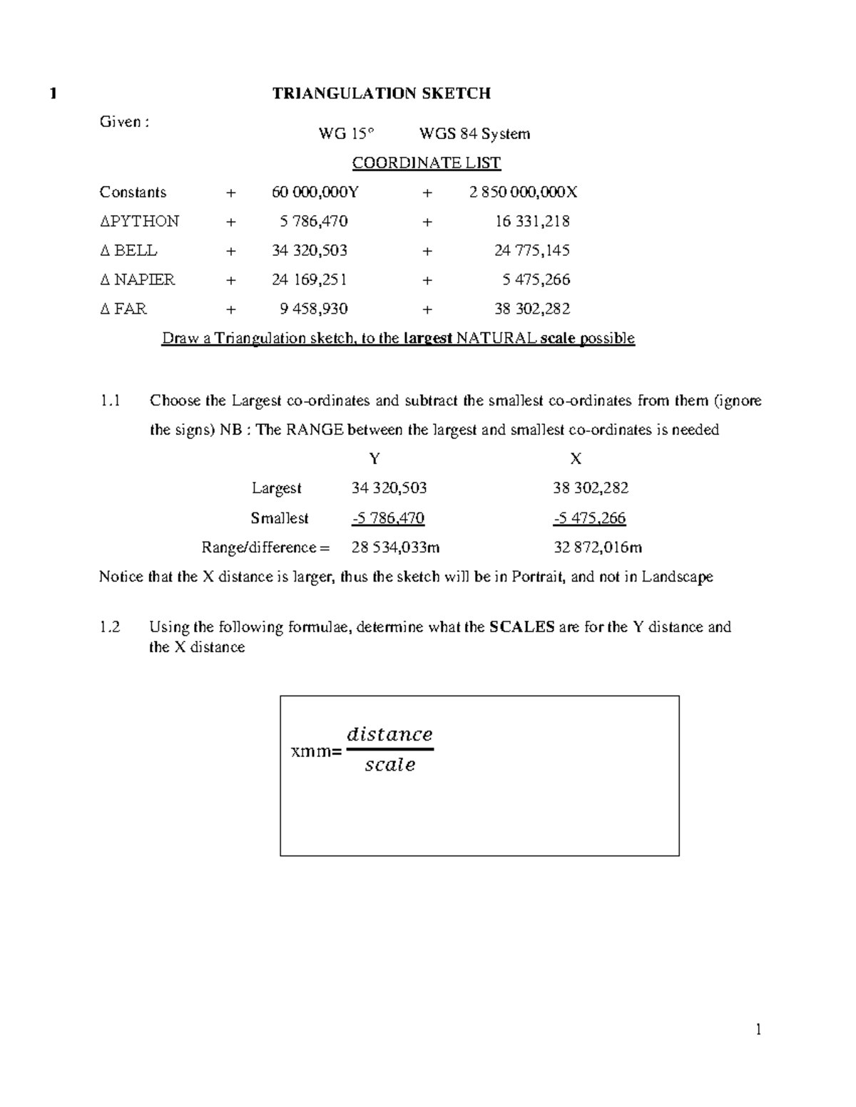 Triangulation sketch, fieldbook and direction sheet - 1 Given ...
